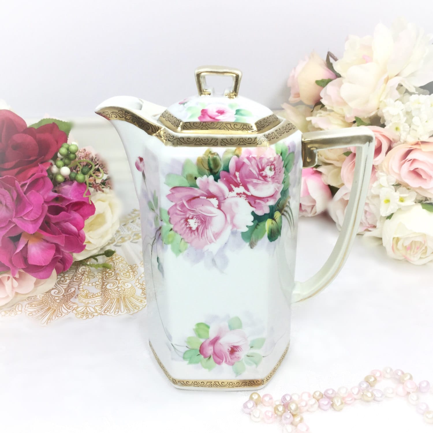 Lefton Full Sized Floral Porcelain Coffee Pot, Lefton Chocolate Pot ...