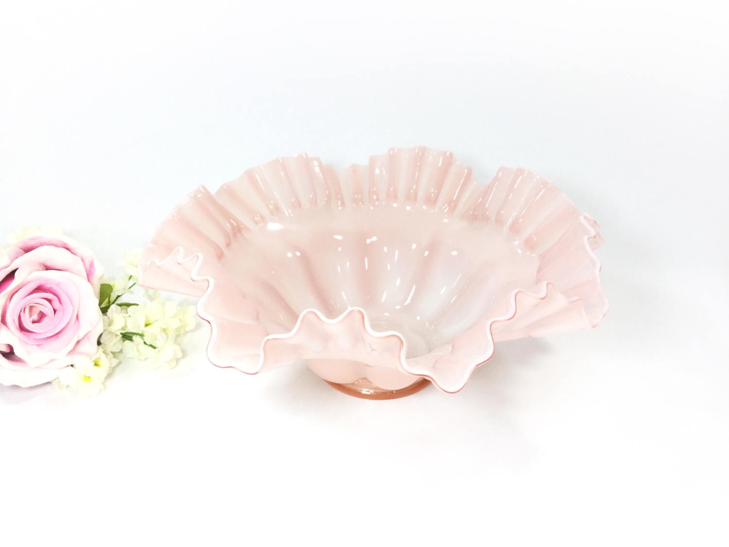 Large Fenton Pink Glass Melon Ruffle Bowl, Light Pink Melon Pattern ...