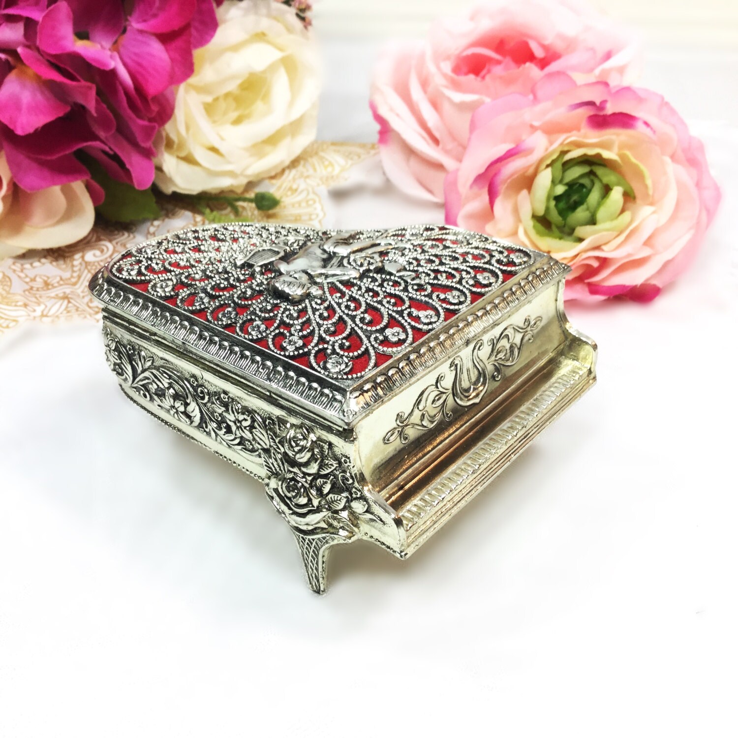 Silver Musical Cherub Piano Trinket Box, Silver Filigree Musical Box ...
