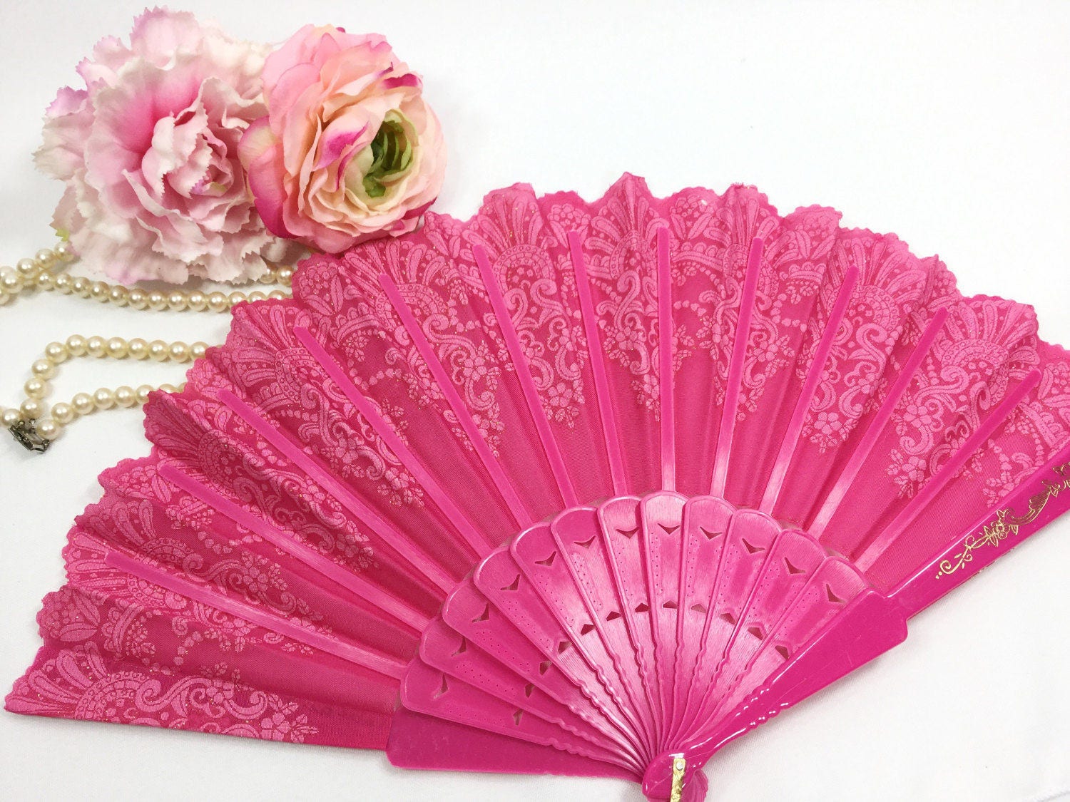 Dark Pink & Gold Spanish Floral Folding Fan, Dark Pink Hand Fan For ...