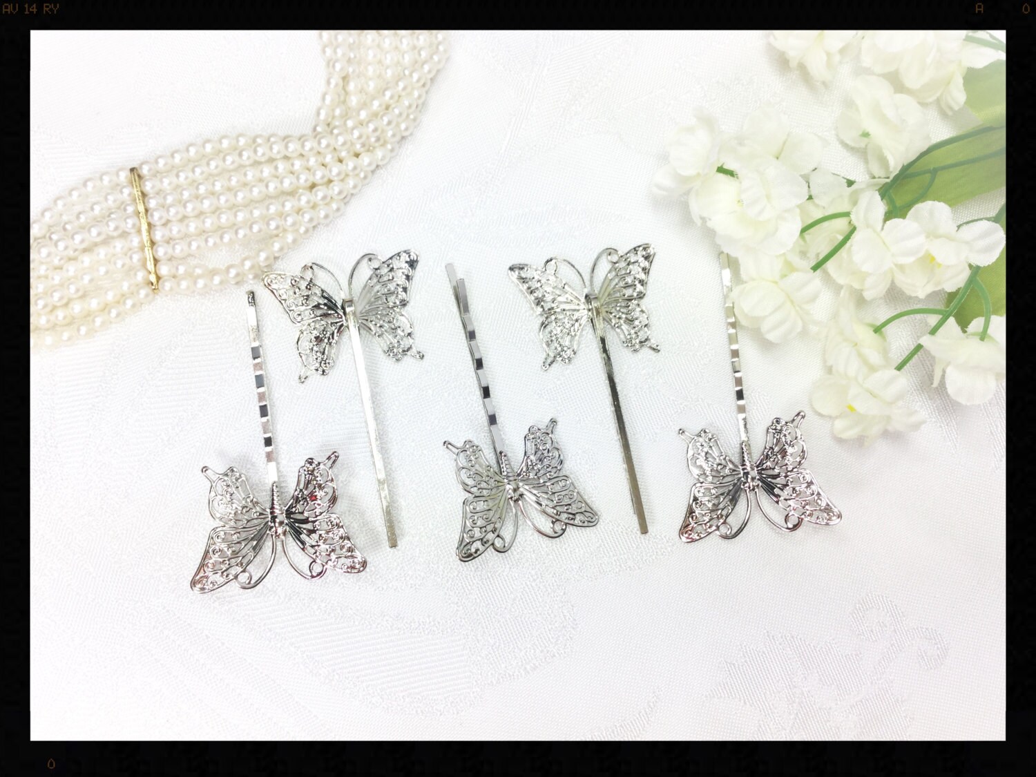 5 Pc. Silver Butterfly Hair Clips, Bobby Pins, Barrette, Vintage ...
