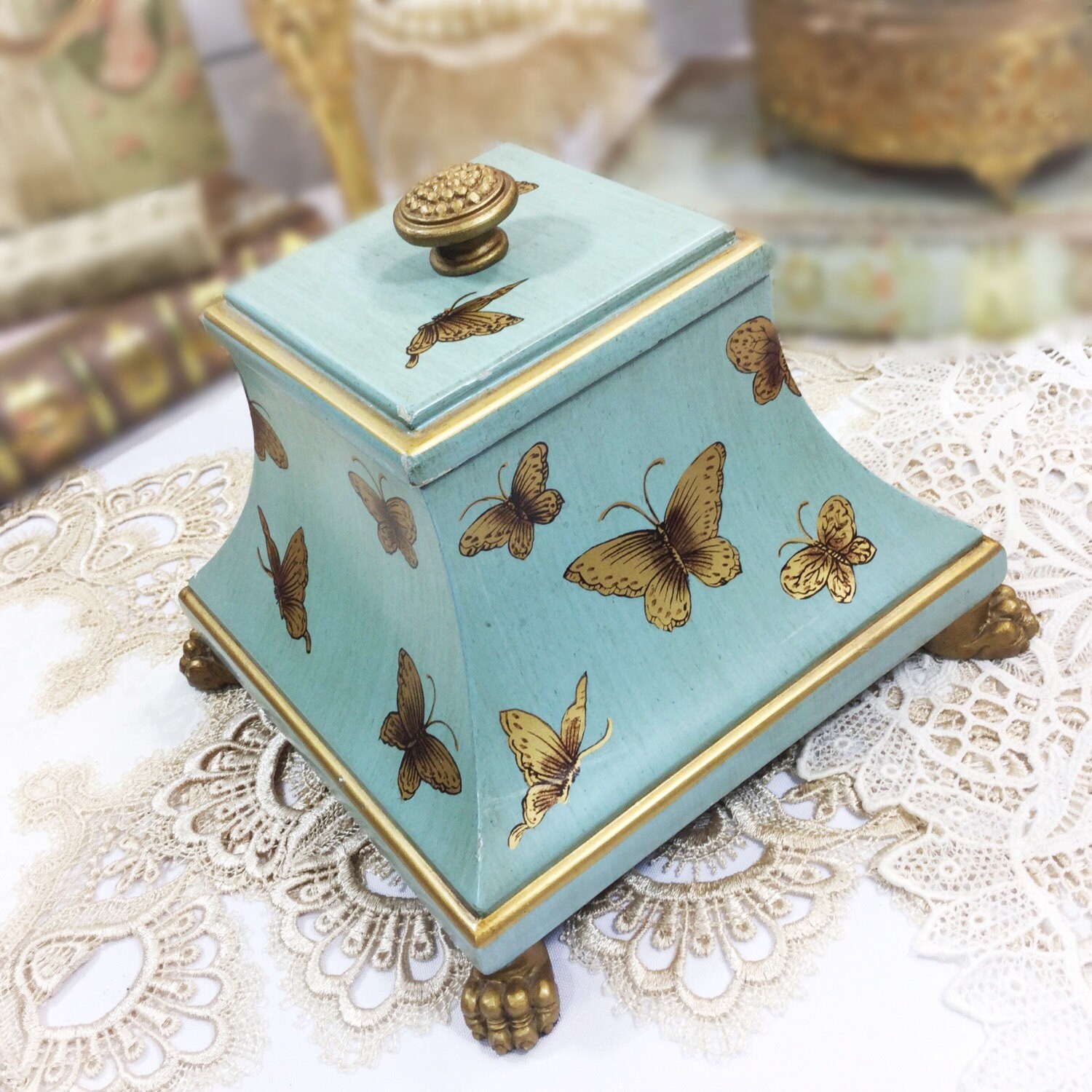 Seafoam Green Vintage Trinket Box With Gold Butterflies, Green ...