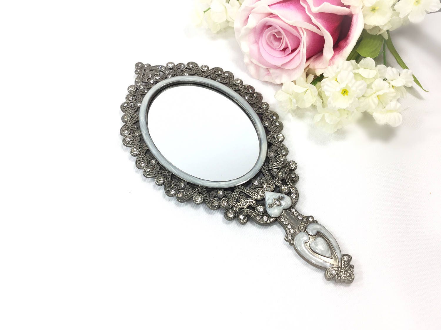 Glamourous Antique Silver Inspired Hand Mirror, Crystal Hand Mirror ...