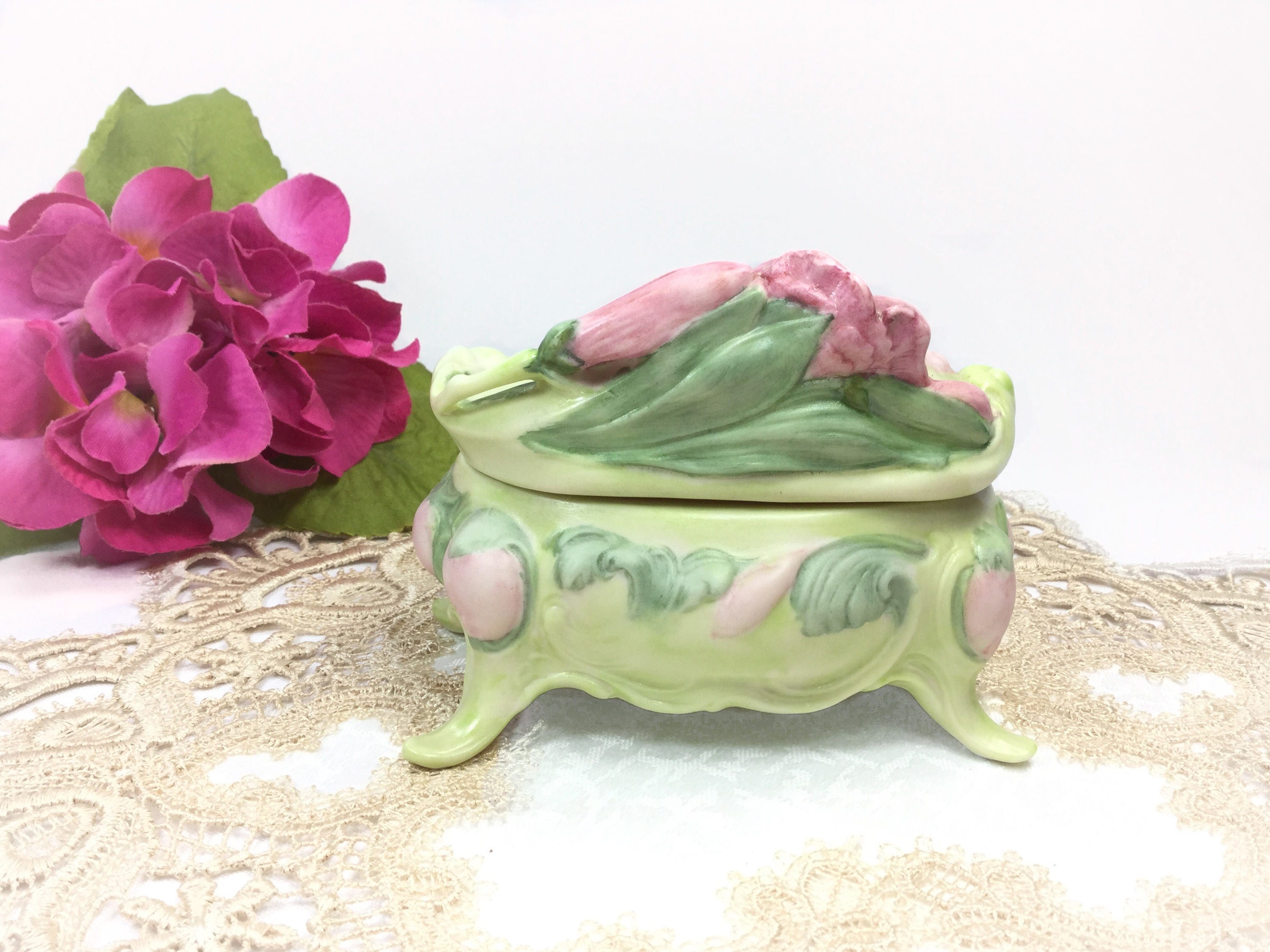 Green Floral Trinket Box, Garden Victorian Inspired Jewlery Box ...