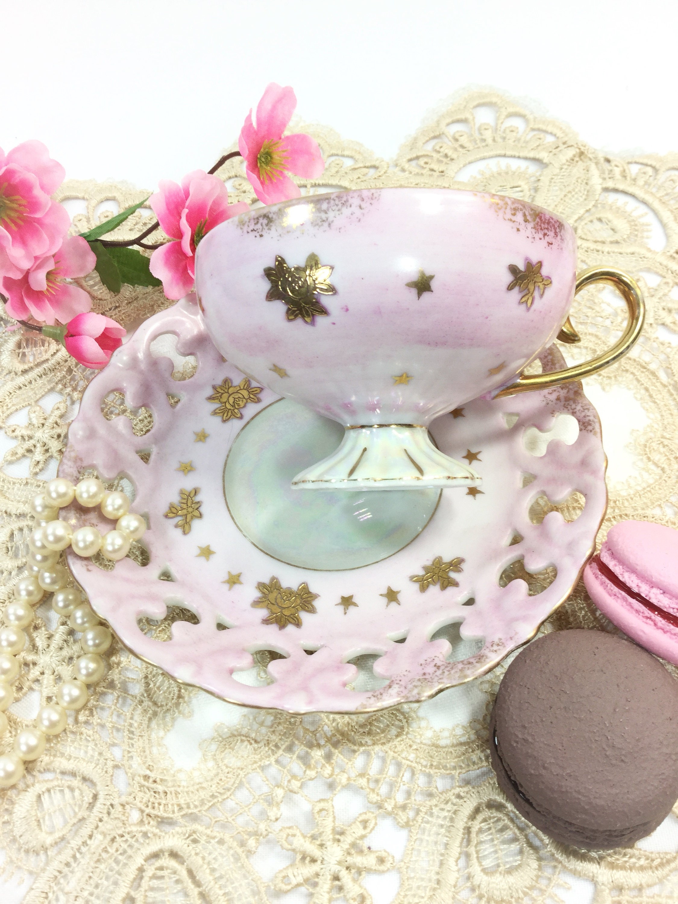 Gorgeous Pink Lusterware Footed Cup & Reticulated Saucer, Pink Tea Set ...