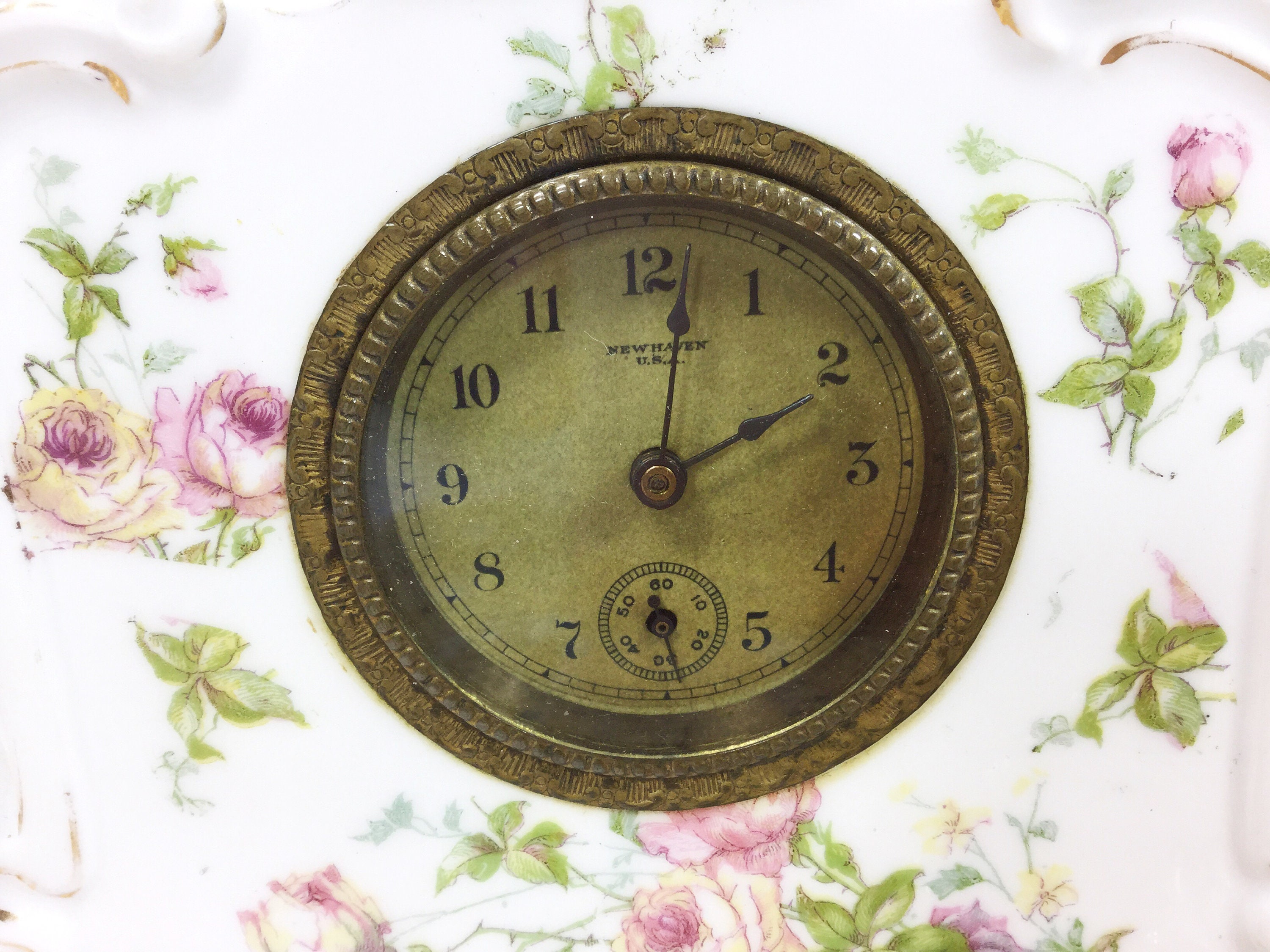 New Haven Pink Floral Victorian Style Boudoir Mantel Porcelain Wind Up ...