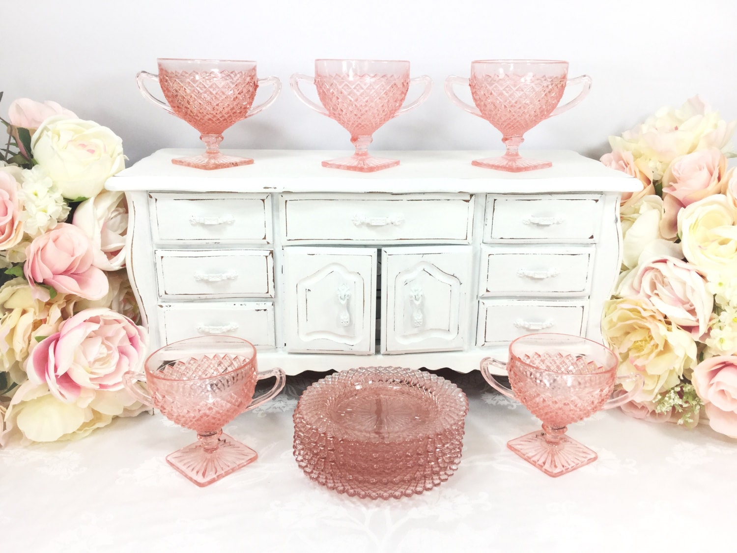 5 Sets Miss America Pink Depression Diamond Point Footed Sherbert Cups ...