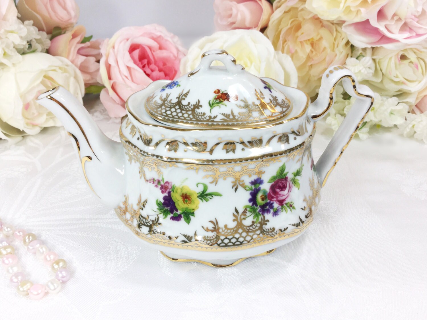 Decadent Royal Danube Gold Lace Filigree Floral Teapot England For Tea ...