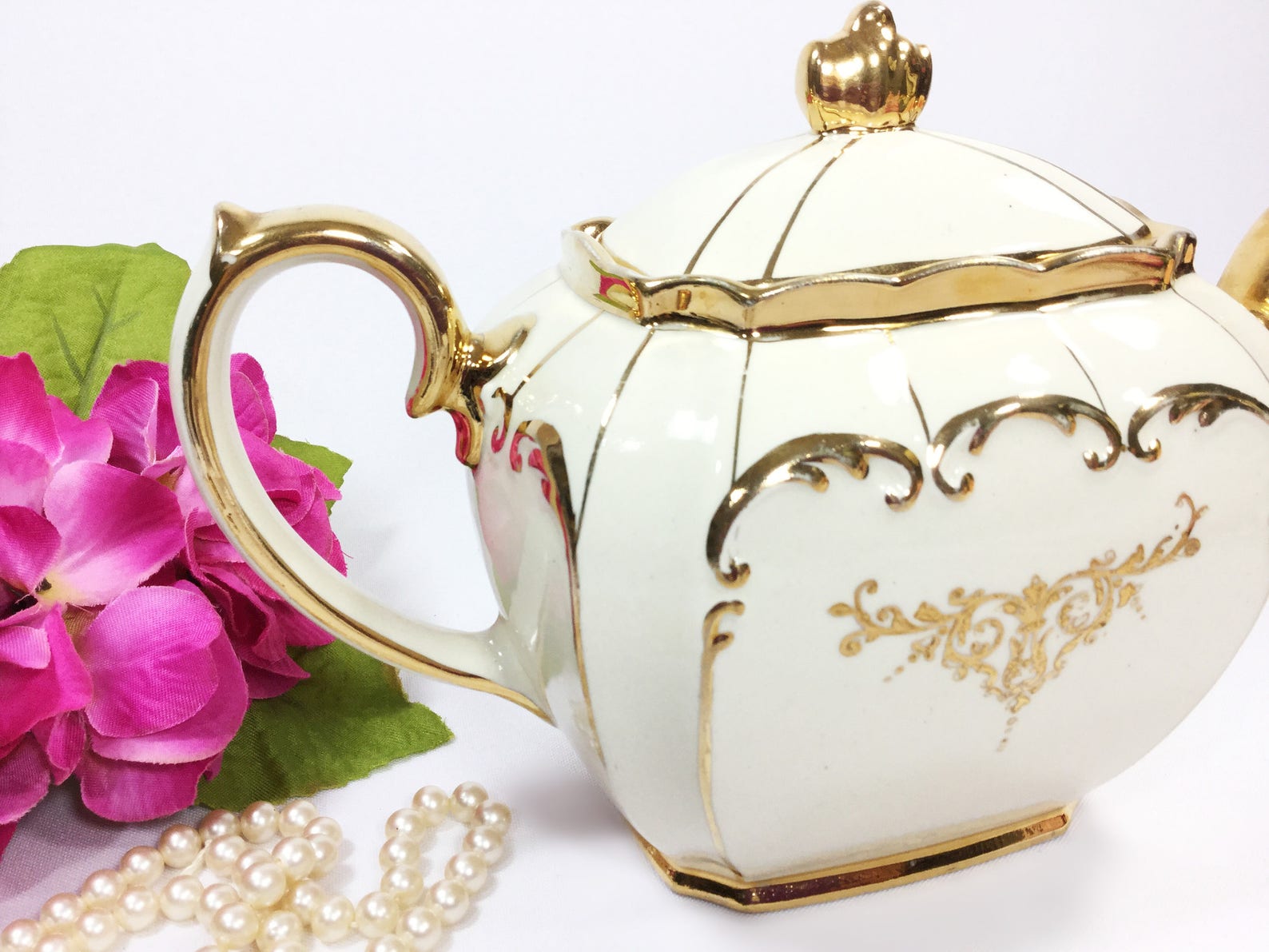Vintage Sadler Teapot, Cubed Shape, Gold Filigree, English Collectible ...
