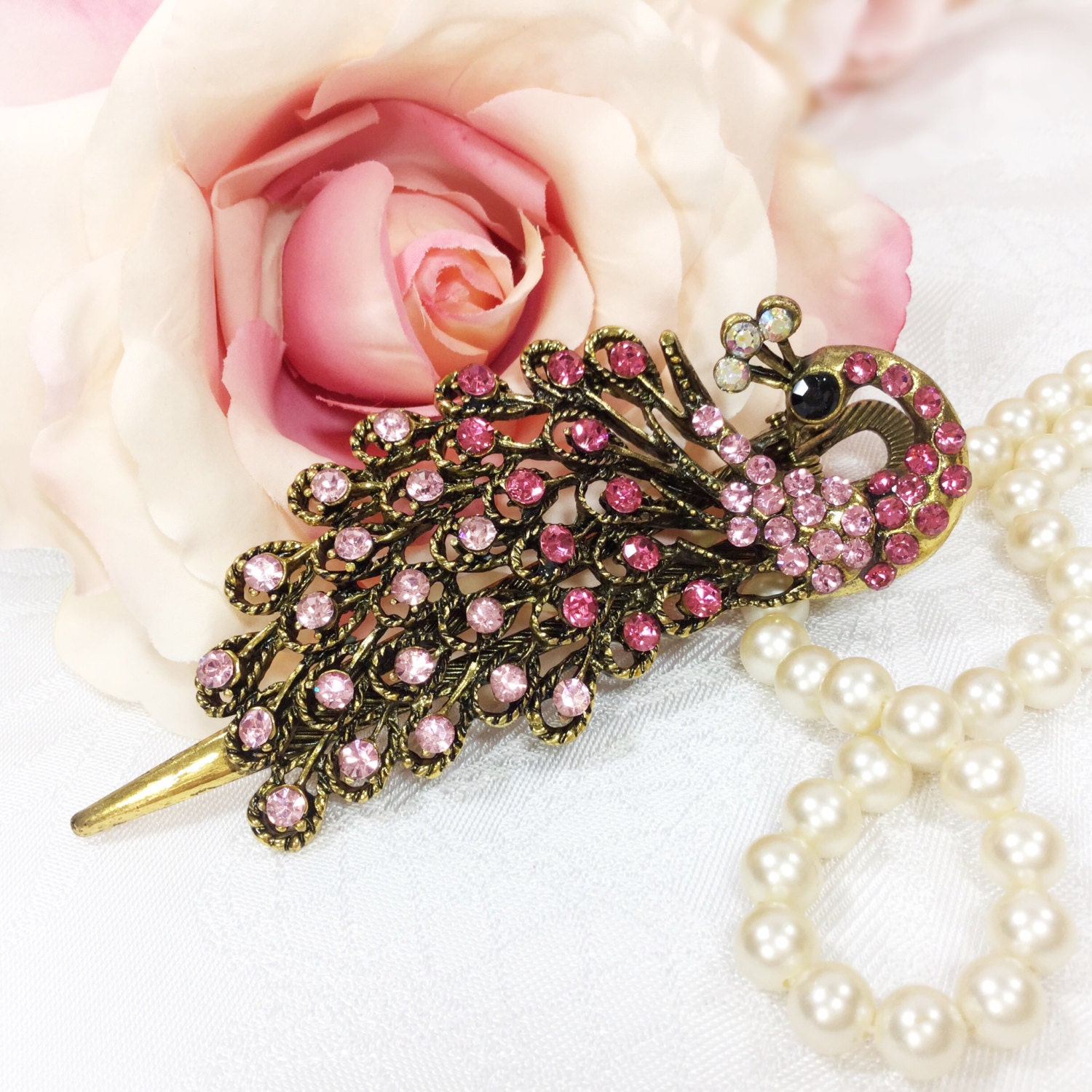 Antique Gold & Pink Rhinestone Peacock Hair Clip Rhinestones for ...
