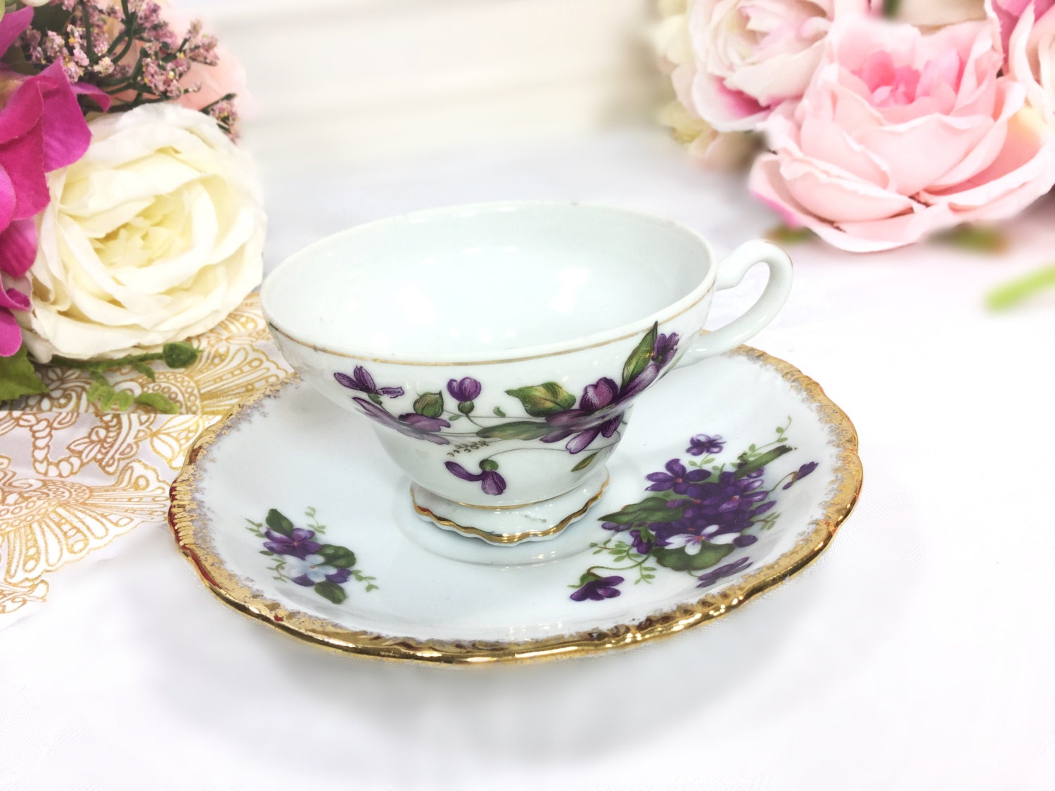Purple Lilac Porcelain Tea Cup & Saucer Tea Set, Purple Violet Sprays ...
