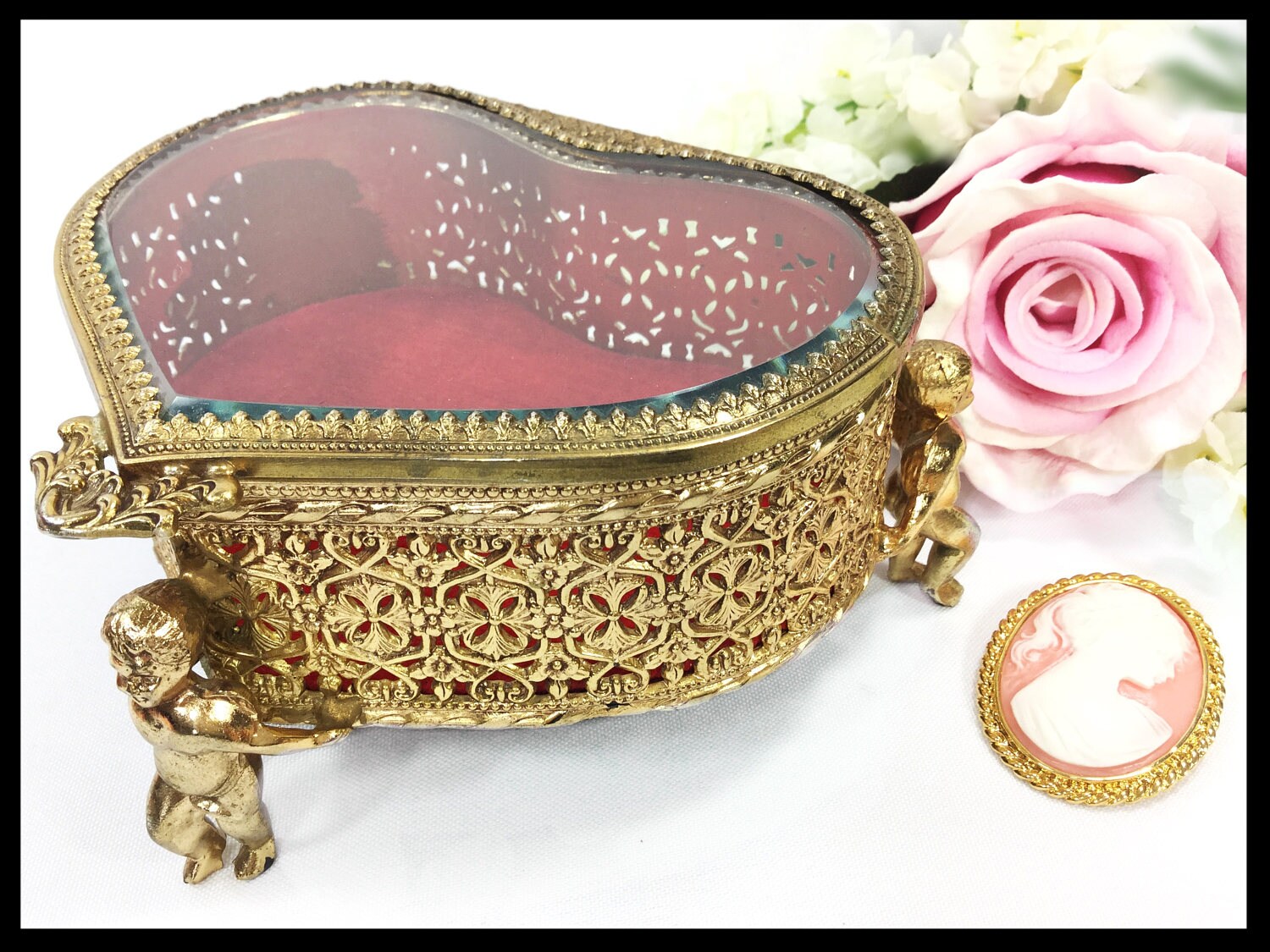 Matson Style Ormolu Heart Casket Box, Cherub Ormolu Trinket Casket Box ...