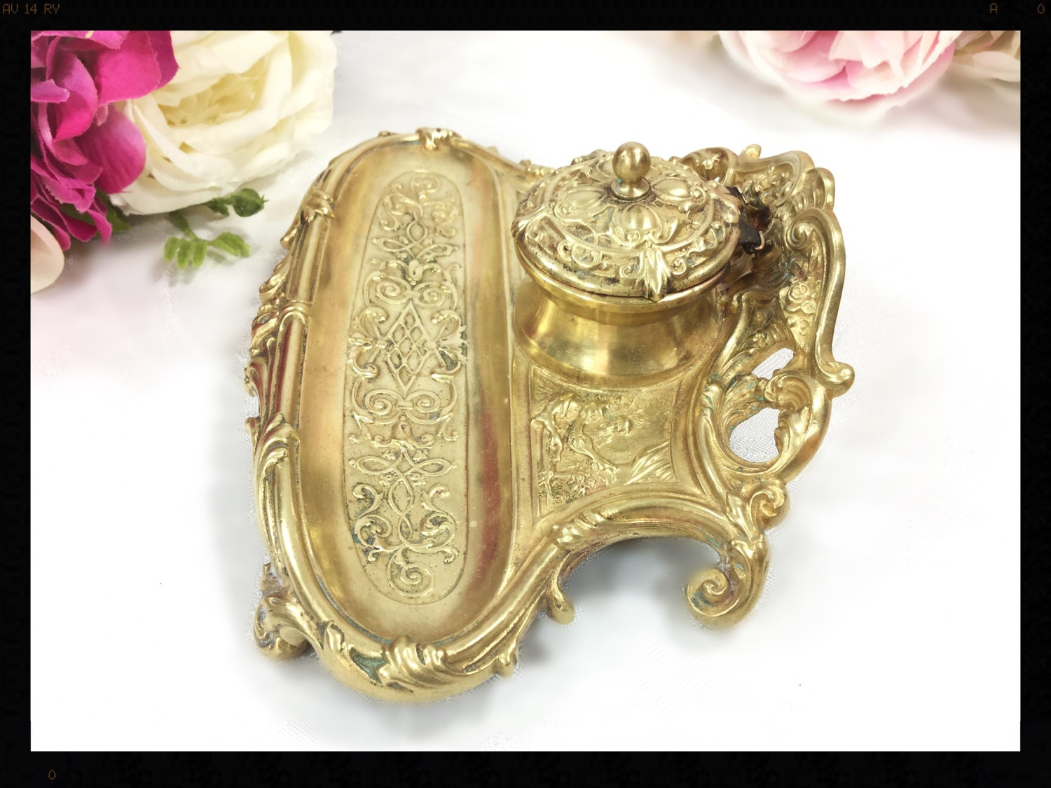 Ornate Brass Victorian Inkwell W/ Pen Tray, Victorian Inkwell for Dip ...