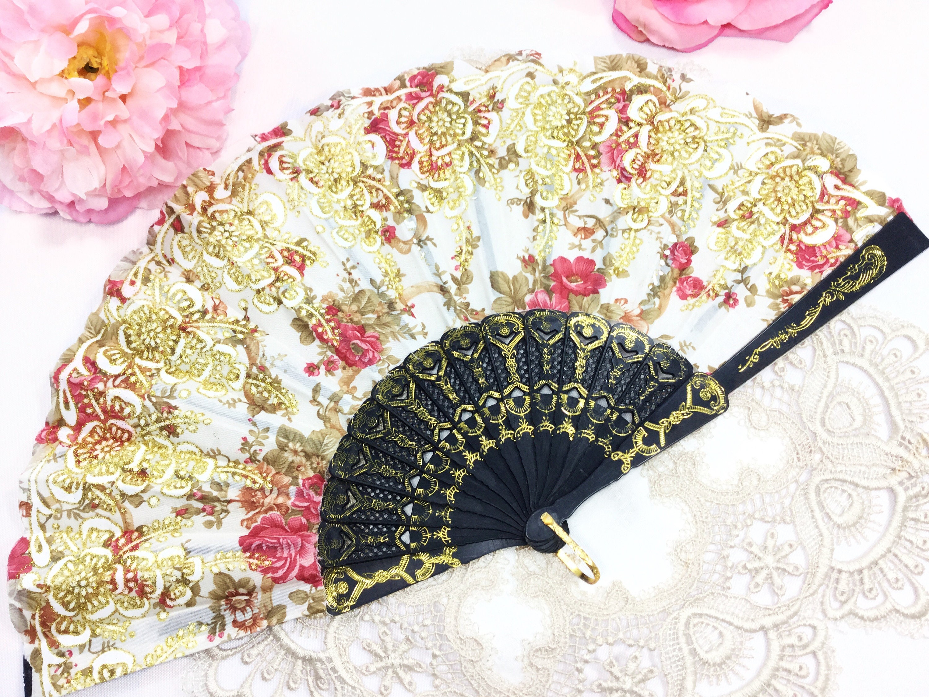 Pink & Gold Floral Folding Fan, Pink Hand Fan For Weddings, Dress up ...