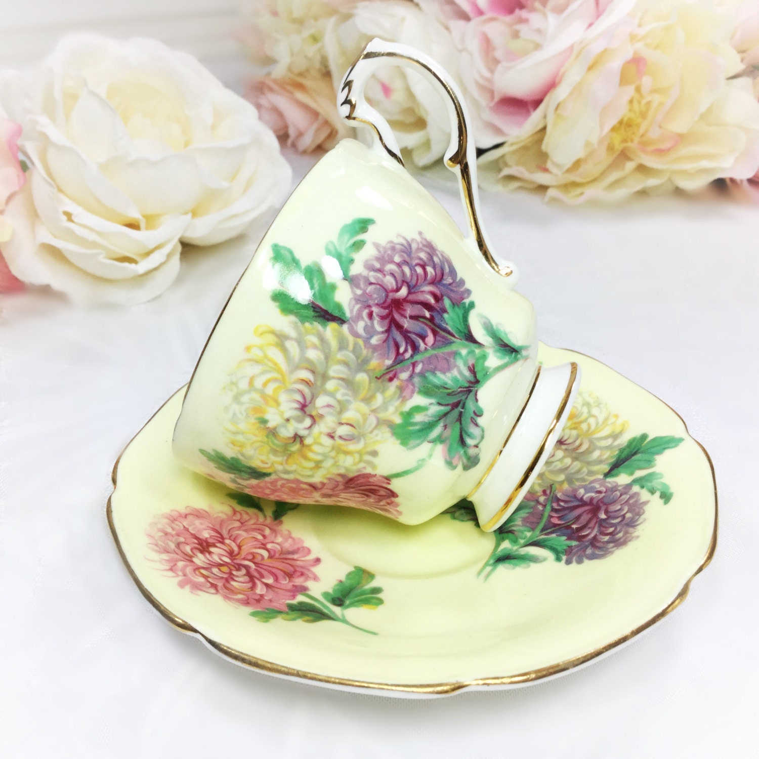 Paragon Yellow Mums Tea Cup & Saucer, English Fine Bone China Tea Set ...