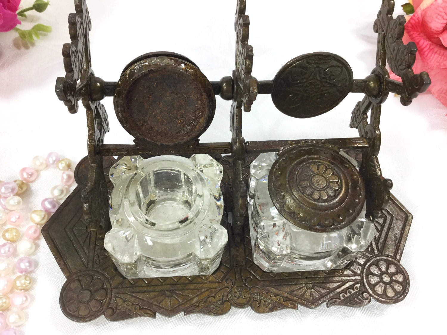 Antique Judd Cast Iron Double Inkwell Set, 1879 Judd Cast Iron Double ...