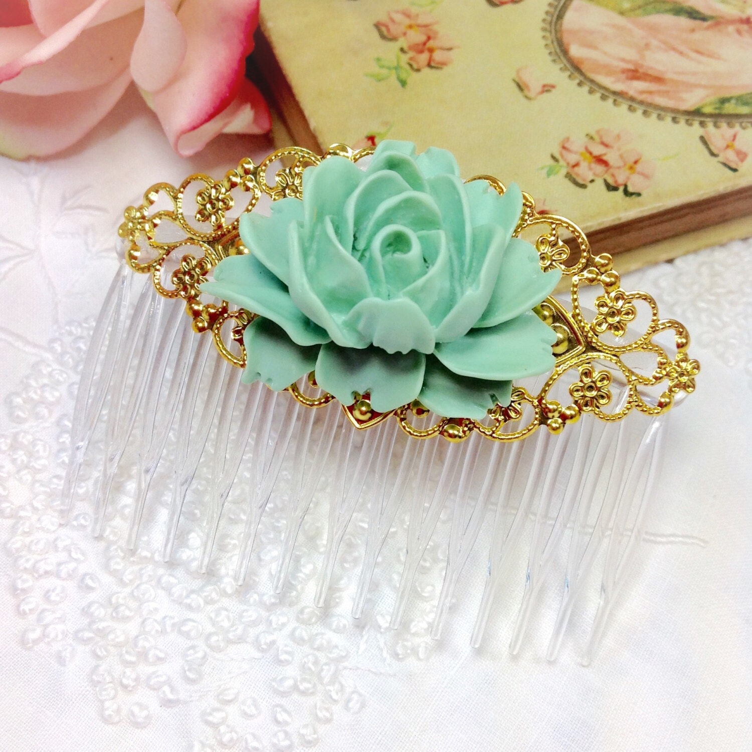 Mint Green Rose Acrylic Gold Hair Comb Pin For Valentines, Mothers Day ...