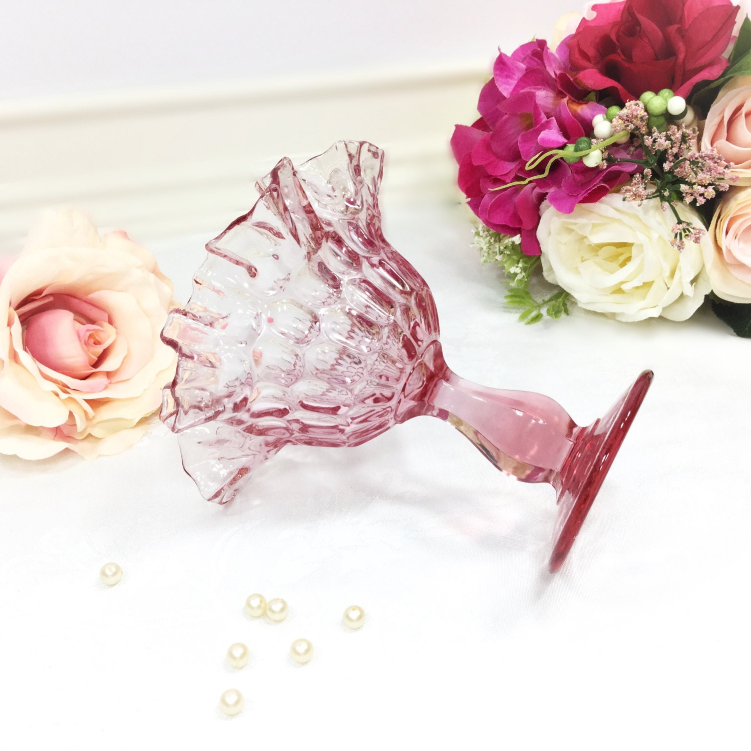 Fenton Pink Thumbprint Footed Compote, Pink Fenton Ruffled Compote ...