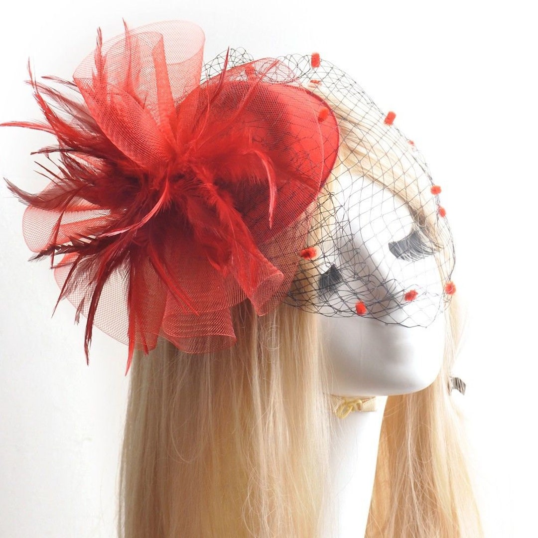 RED Feather Fascinator Hair Clip, Pillbox Tea Hat, Sinamay Headpiece ...