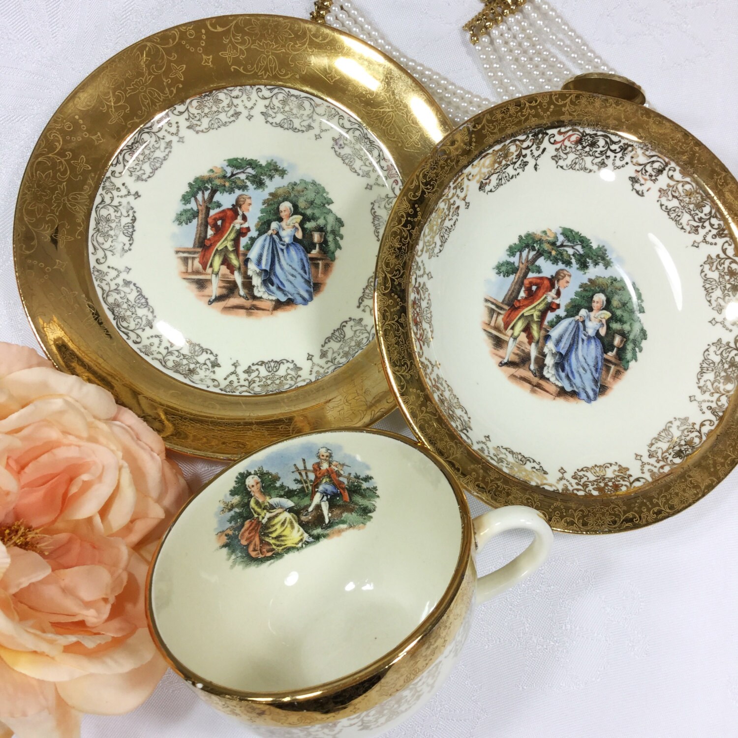 Gold Colonial Victorian Couple Handpainted Warranted 22Kt. 3 Pc.T ea ...