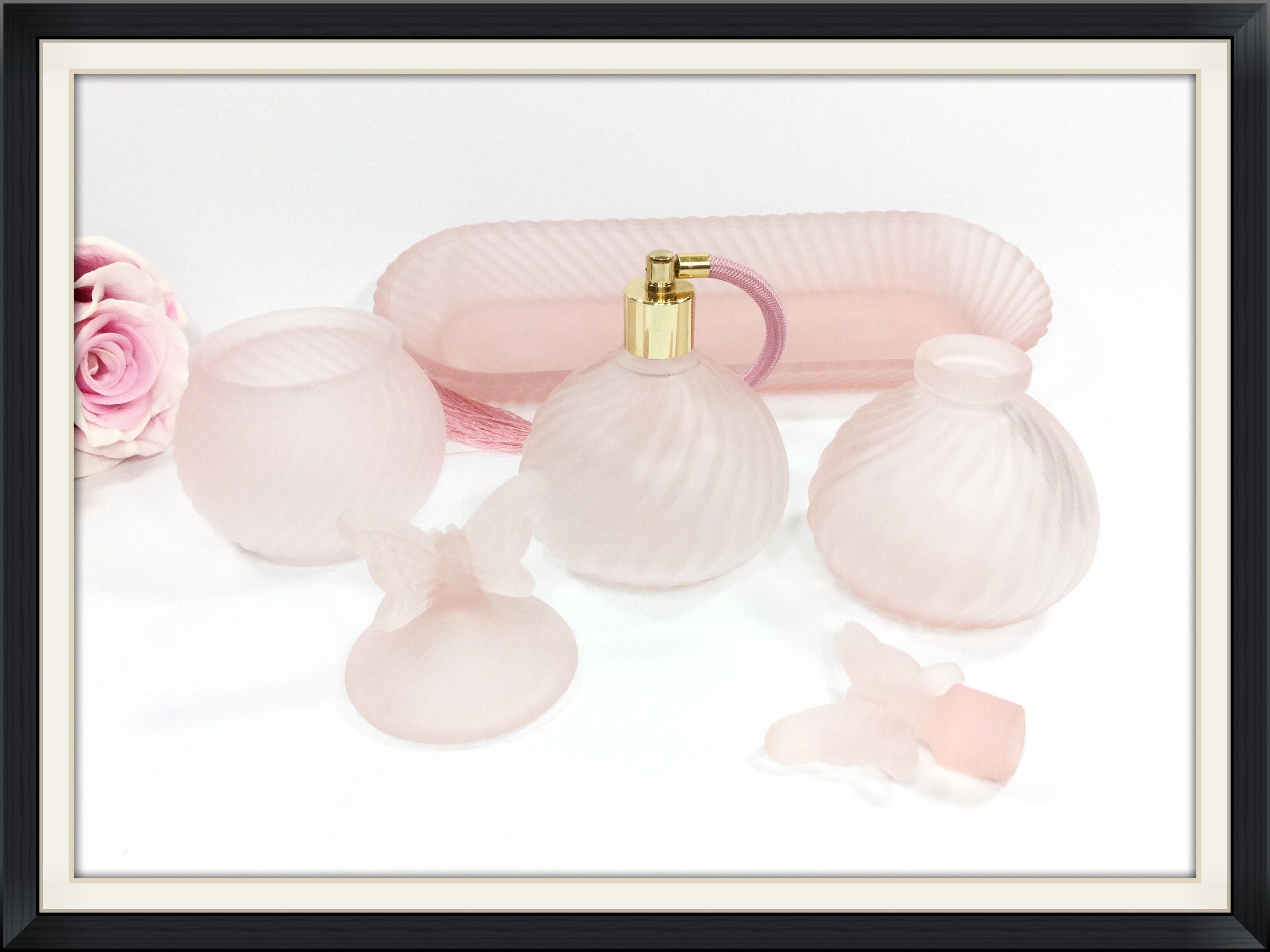 Pink Frosted Vanity Set, Frosted Pink Perfume Vanity Set, Pink Vanity ...