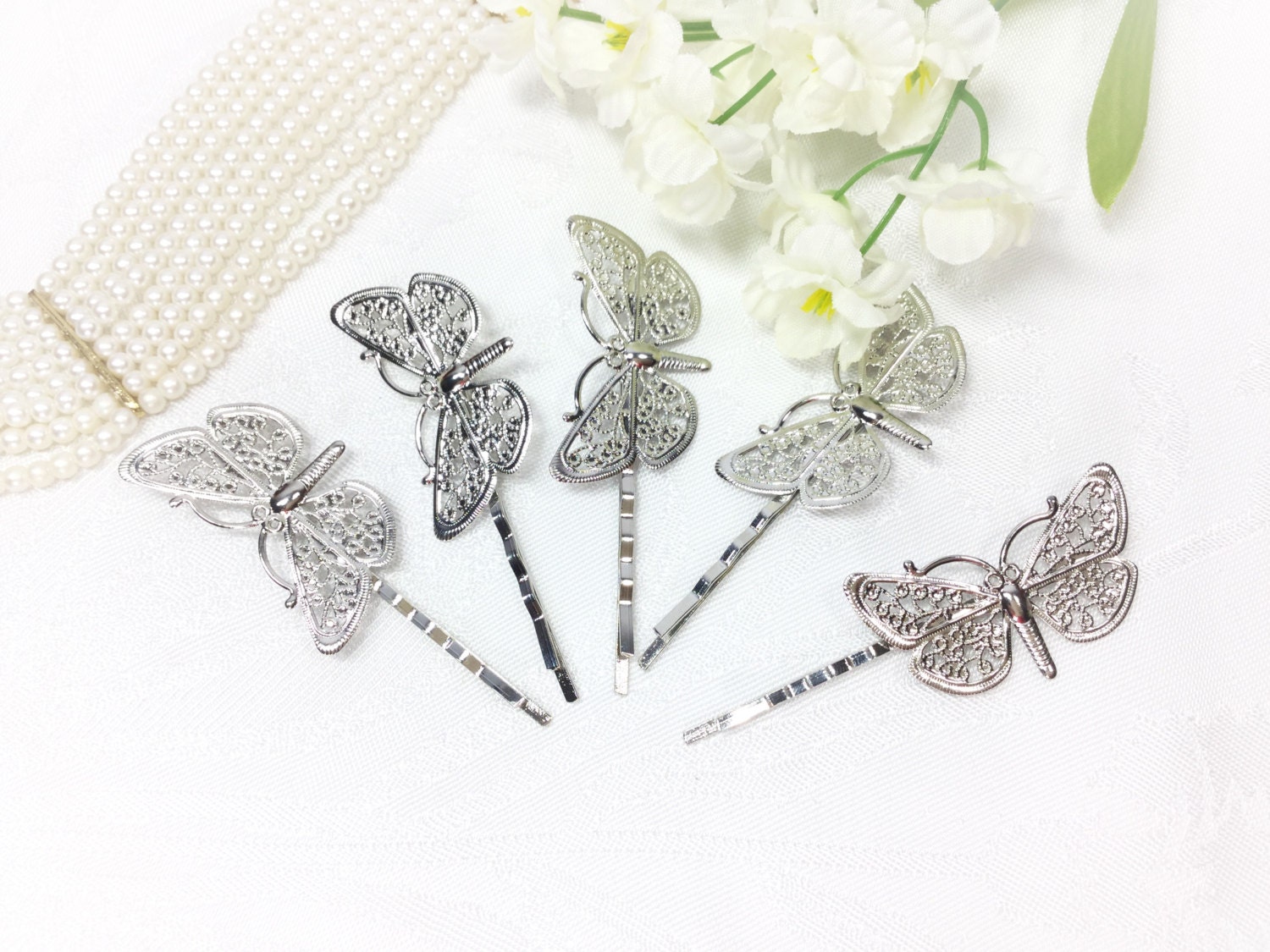 5 Pc. Silver Butterfly Hair Clips, Bobby Pins, Barrette, Vintage ...