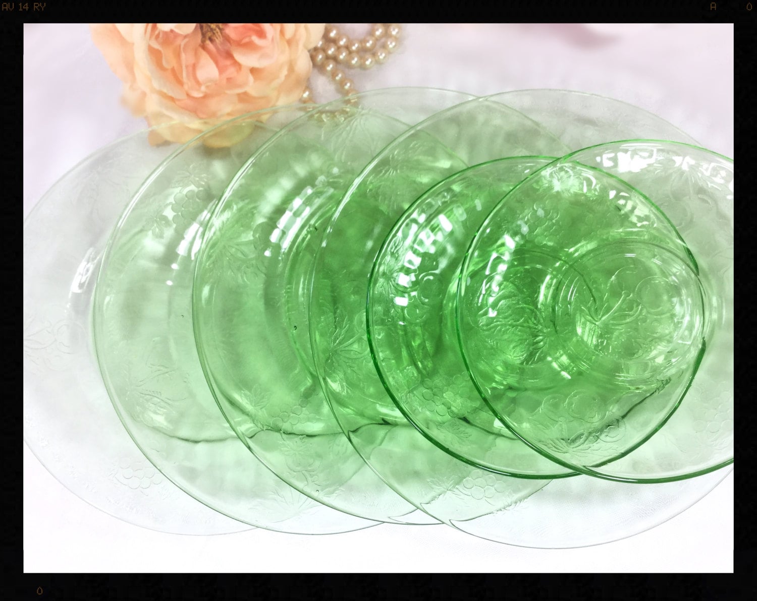 6 Green Depression Glass Plates, 4 Green Depression Glass Salad Plates ...