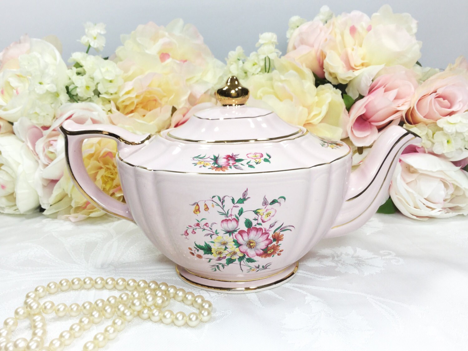 Elegant Pink Floral Sadler English Gilt Full Teapot Made in England ...