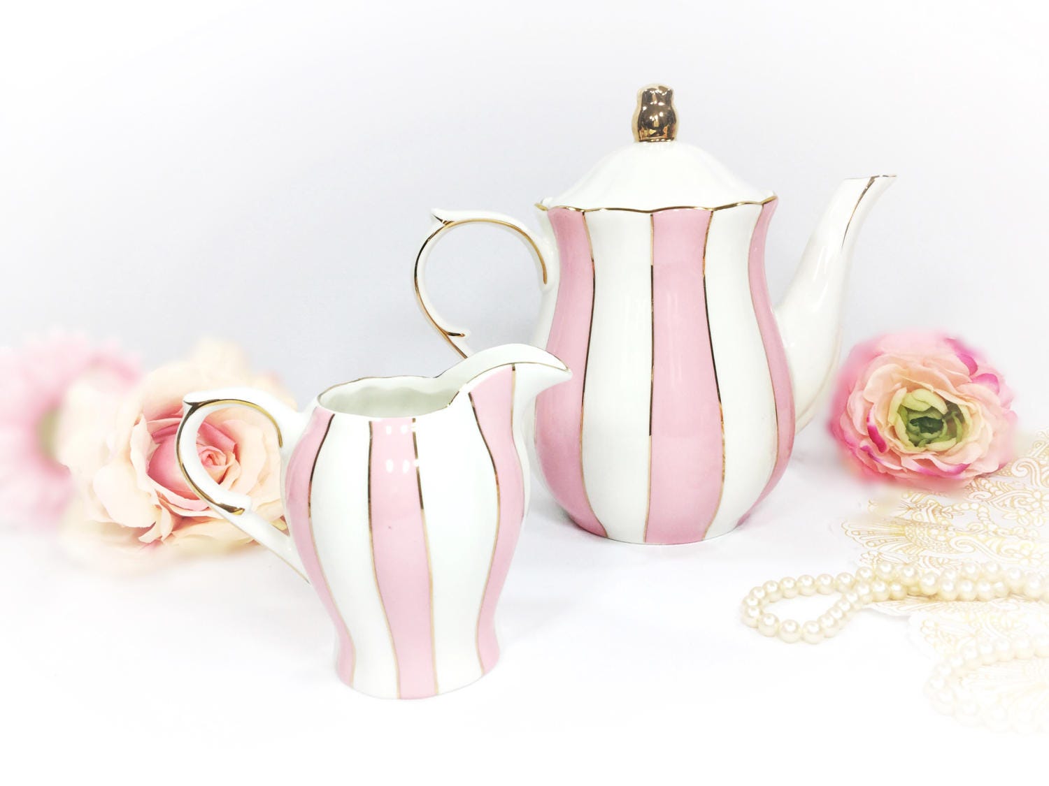 Pink White Striped Teapot for Tea Set, Pink White Striped Coffee Pot ...