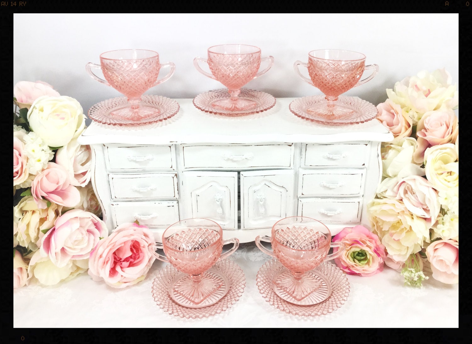 5 Sets Miss America Pink Depression Diamond Point Footed Sherbert Cups ...