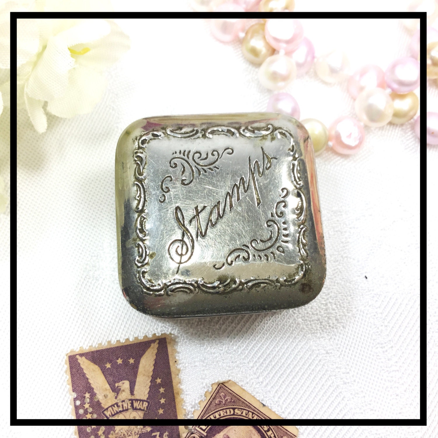 Antique Silver Plate Repousse Box For Stamps, Silver Plate Stamp Box #A746