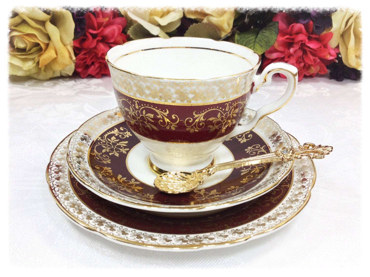 Royal Stafford English Tea Trio, Burgundy & Gold Lace Bone China ...