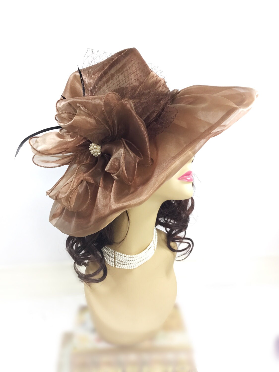 Ladies Brown Coffee Organza Sheer Tea Party Hat, Summer Hat, Derby Hat ...
