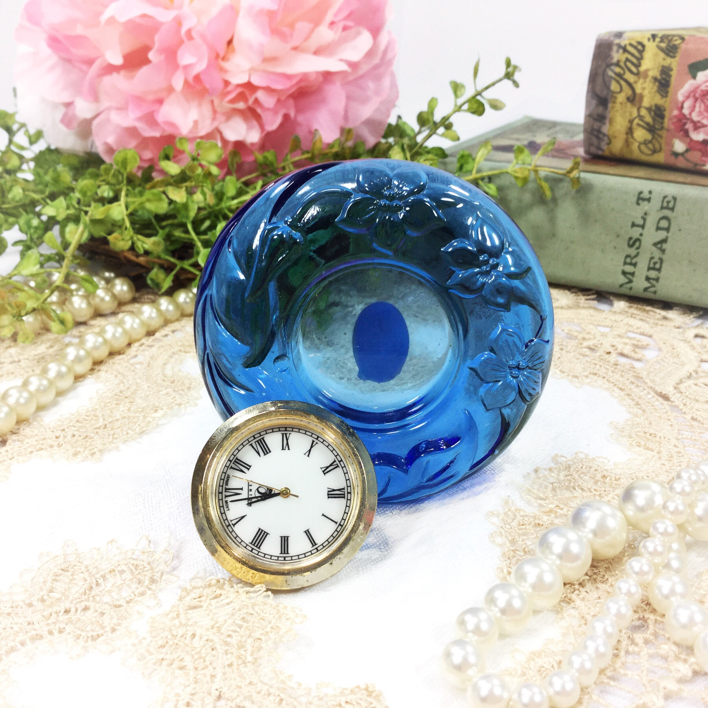Vintage Fenton Miniature Clock, Vintage Blue Clock, Blue Fenton #B379