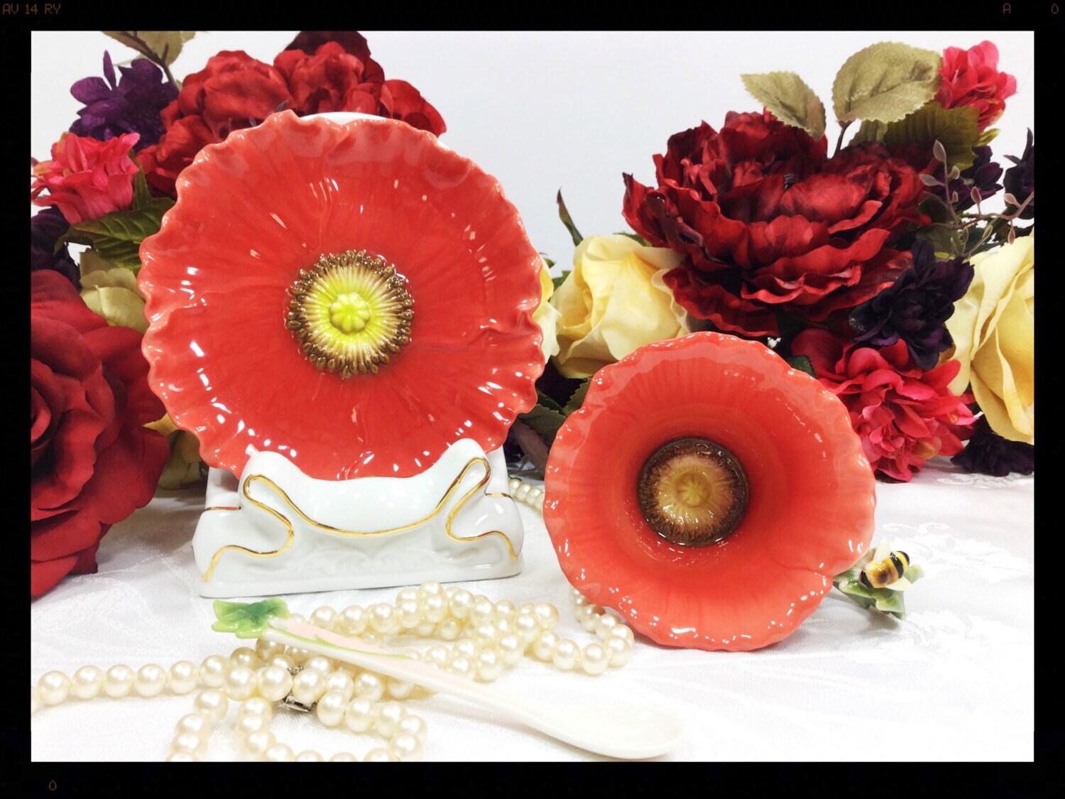 Ceramic Red Flower Tea Trio, Tea Service, Tea Set Cup, Saucer, Spoon ...