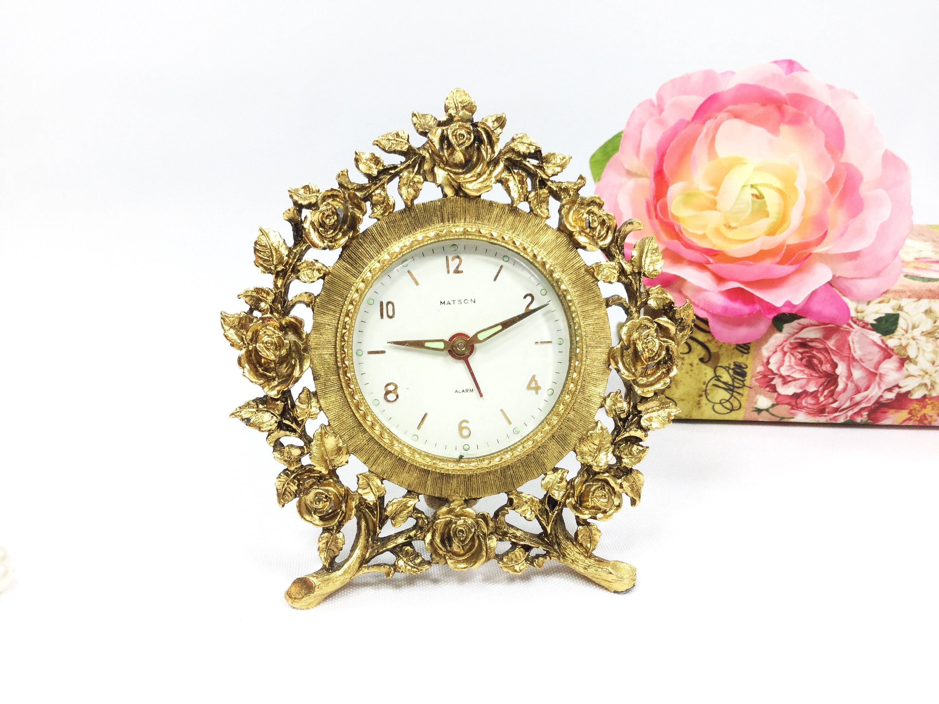 Vintage 24K Gold Ormolu Matson Wind Up Clock, Ornate Matson Ormolu Rose ...
