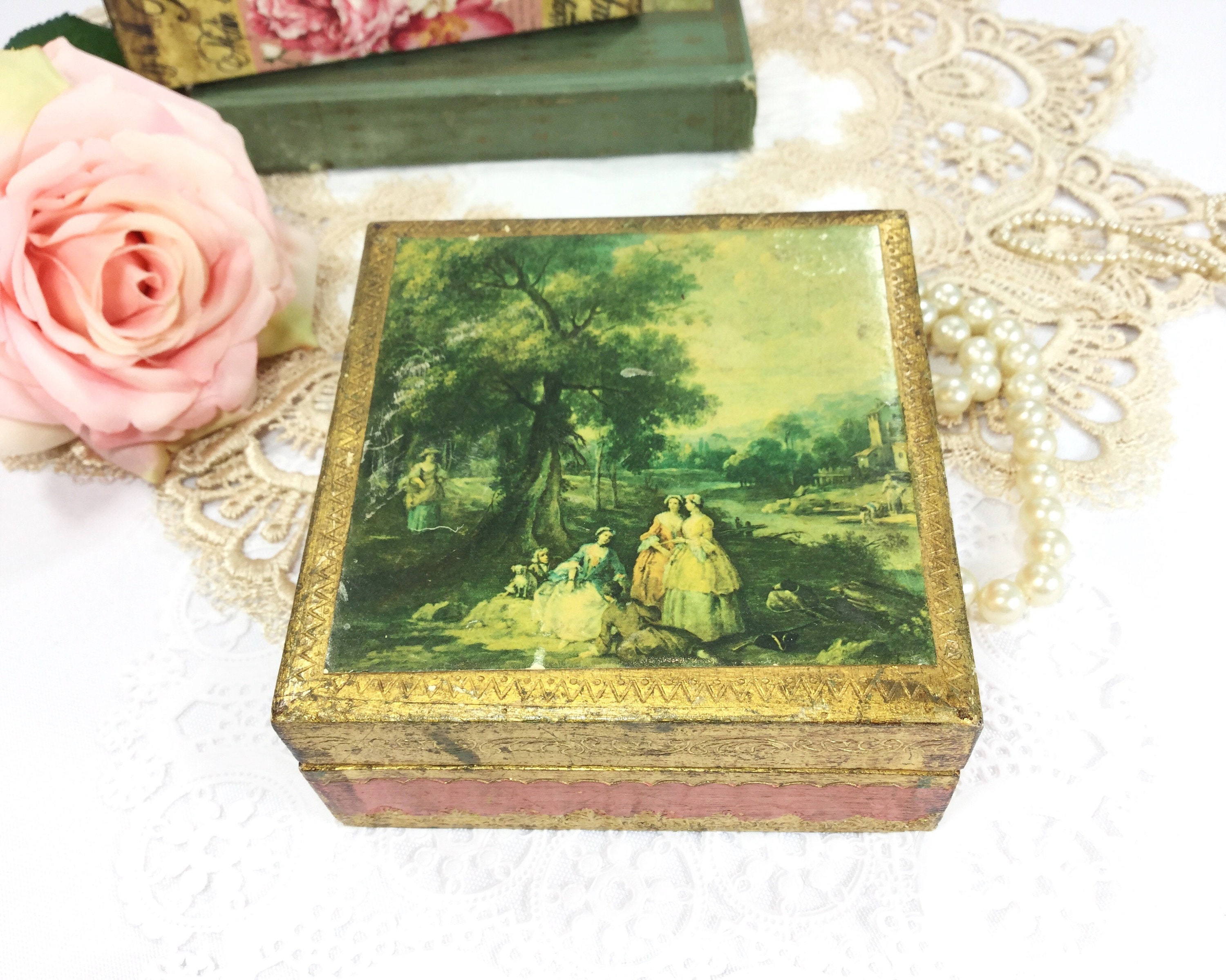 Italian Florentine Scenic Jewelry Box, Portrait Trinket Box, Gold ...