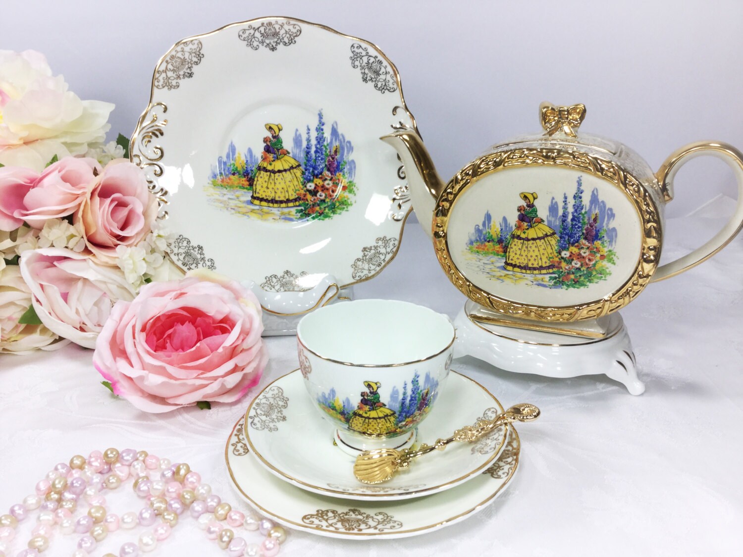 RESERVED- Crinoline Lady Gold Filigree Bone China English Cake Plate ...