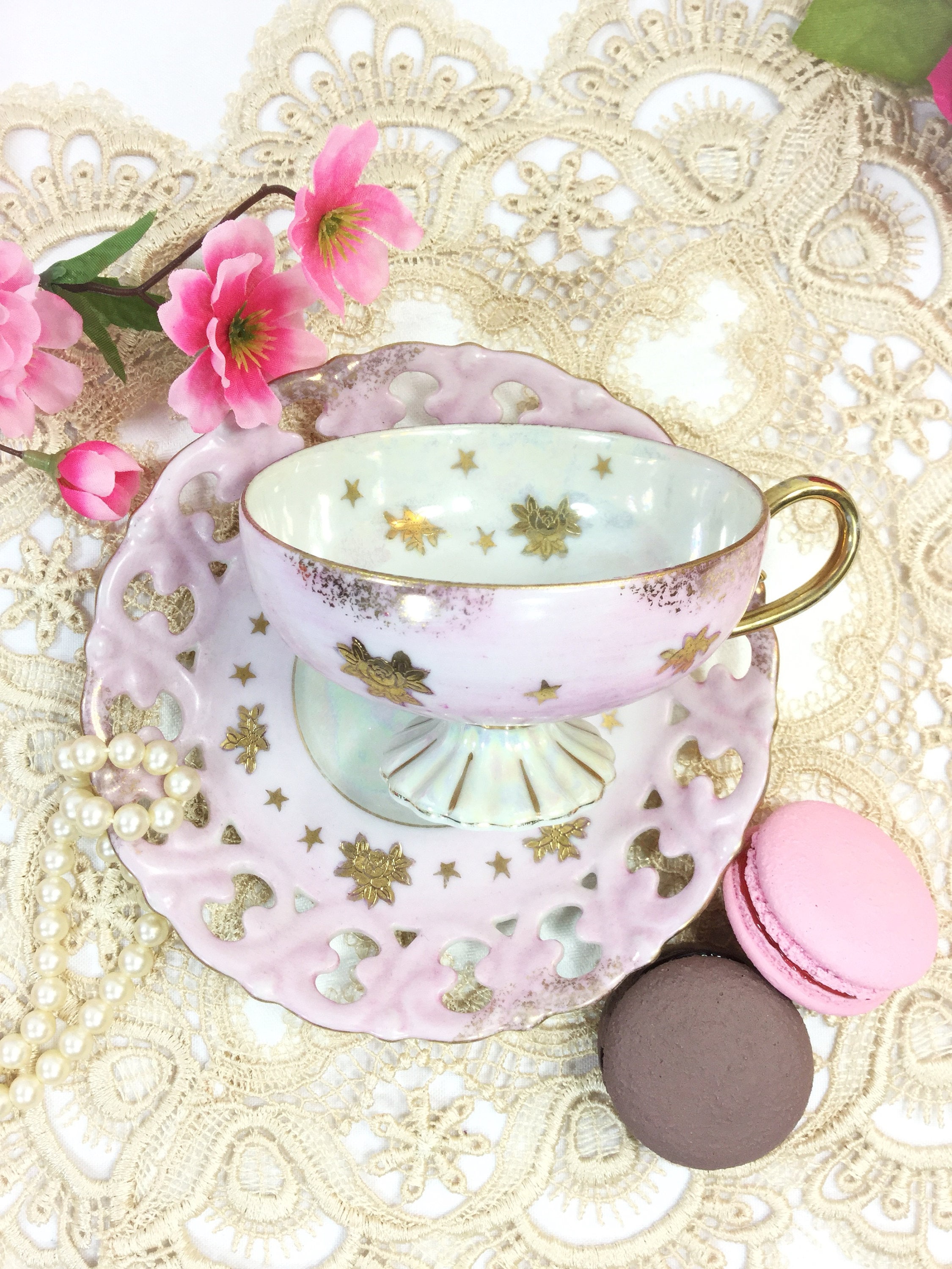 Gorgeous Pink Lusterware Footed Cup & Reticulated Saucer, Pink Tea Set ...