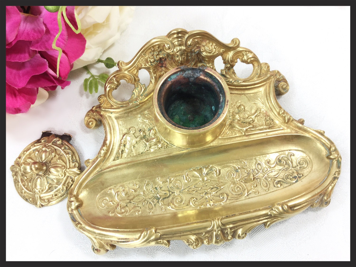 Ornate Brass Victorian Inkwell W/ Pen Tray, Victorian Inkwell for Dip ...