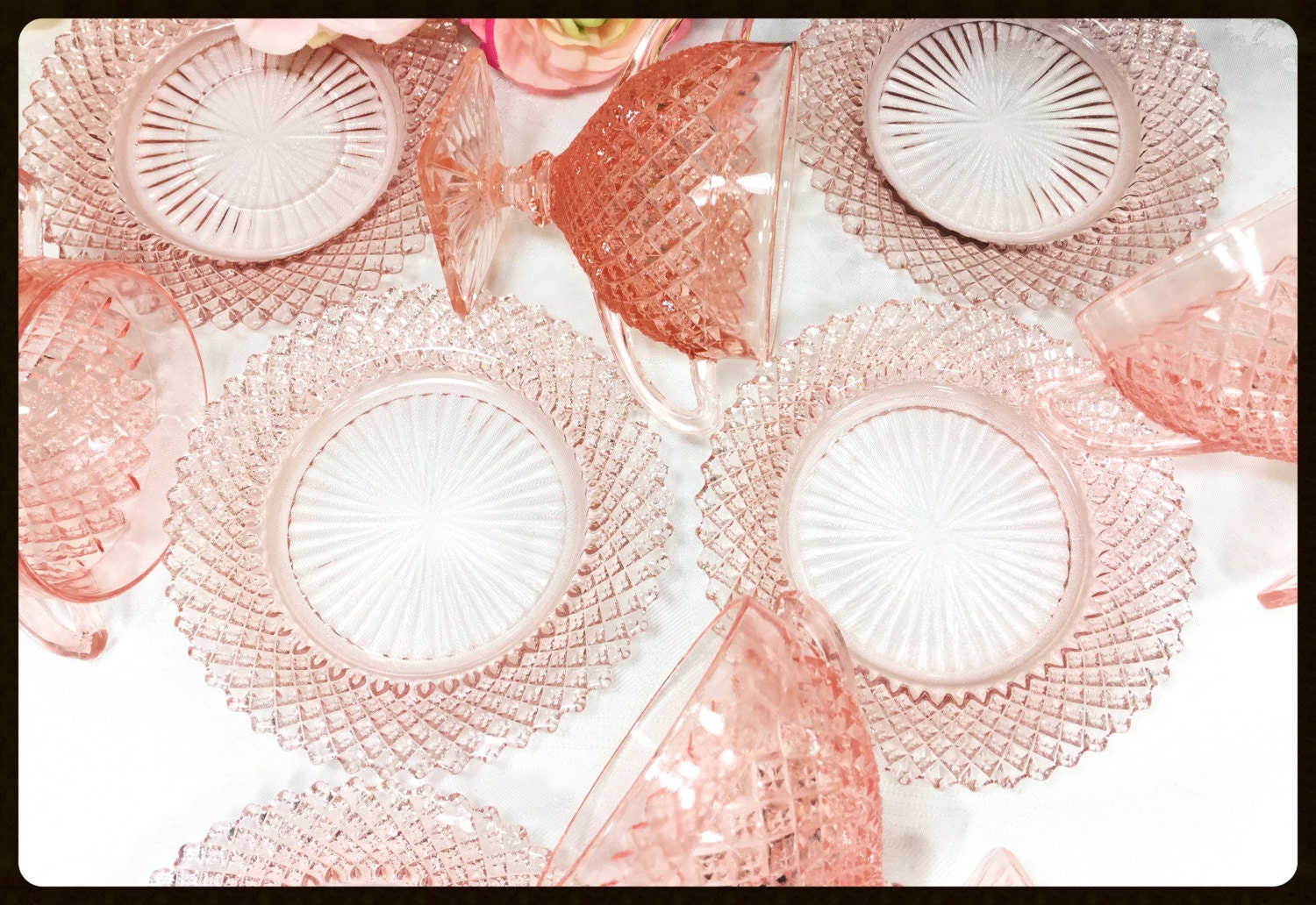 5 Sets Miss America Pink Depression Diamond Point Footed Sherbert Cups ...