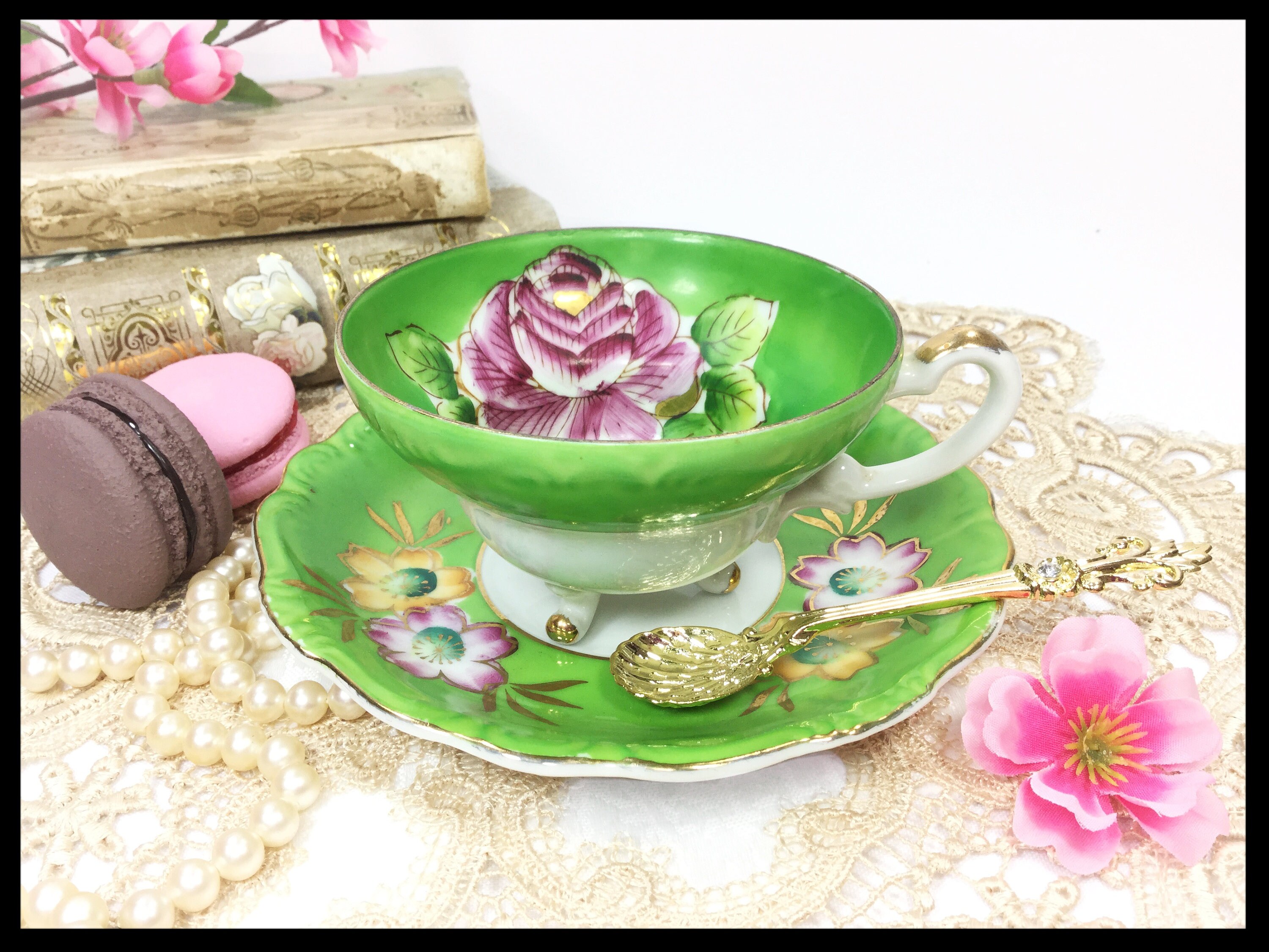 Lovely Green Hand-painted Floral 3-Footed China Teacup, and Saucer ...