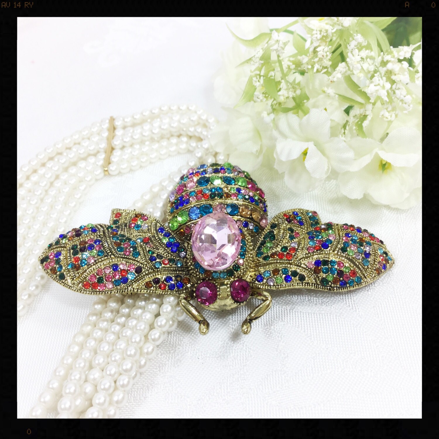 Large Multi Colored Crystal Bee Brooch, Honeybee Pin, Insect Brooch For ...