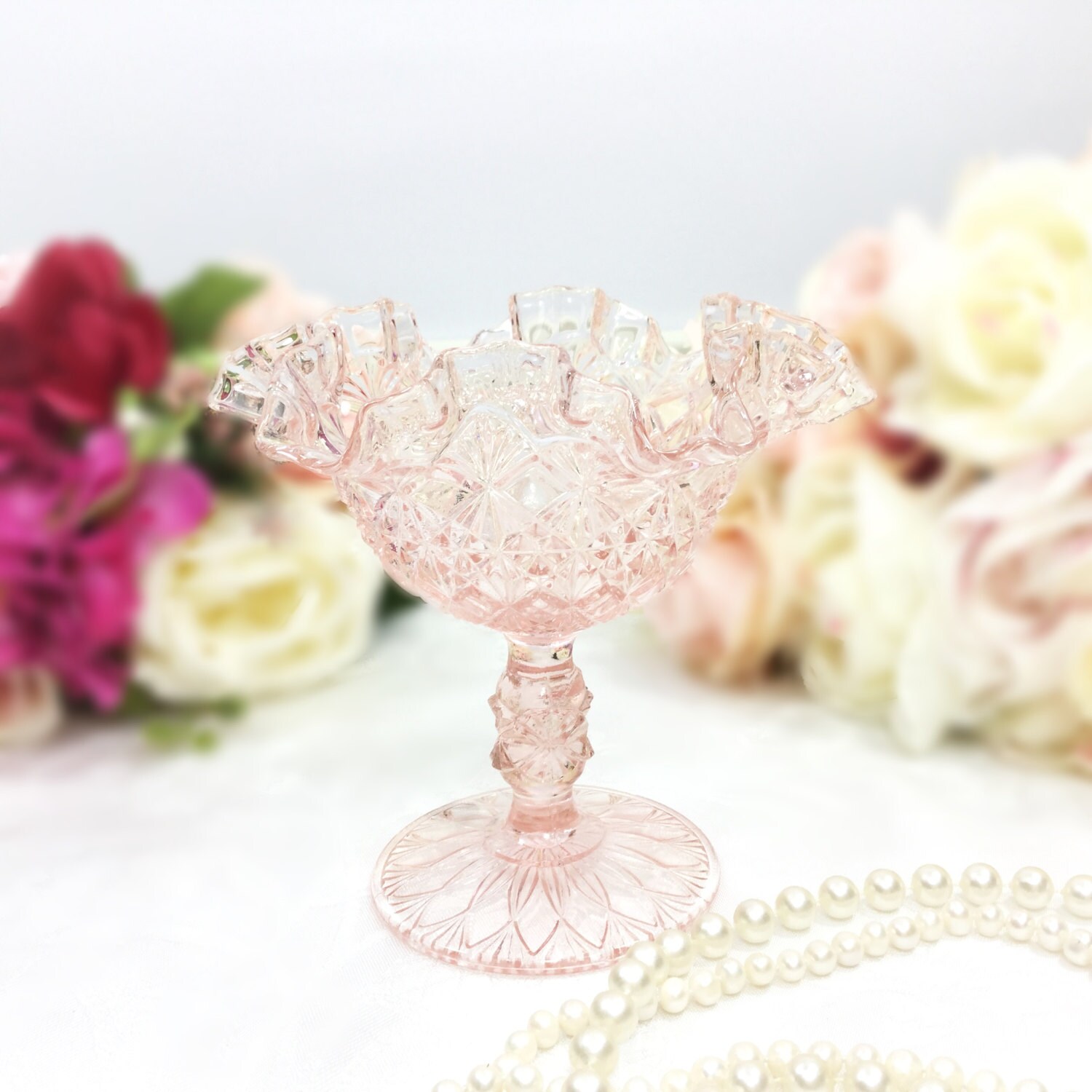 Signed Fenton Mid Century Pink Footed Compote, Pink Ruffled Compote ...