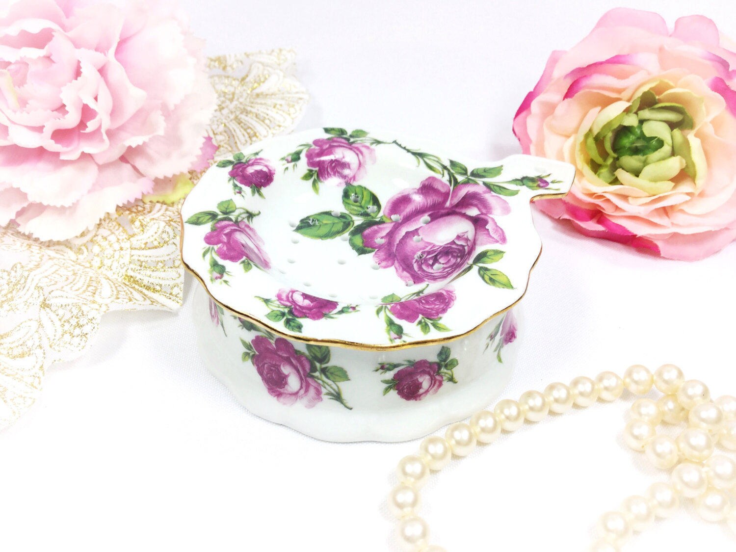 RESERVED- Victorian Inspired Tea Strainer, Pink Rose Porcelain Tea ...