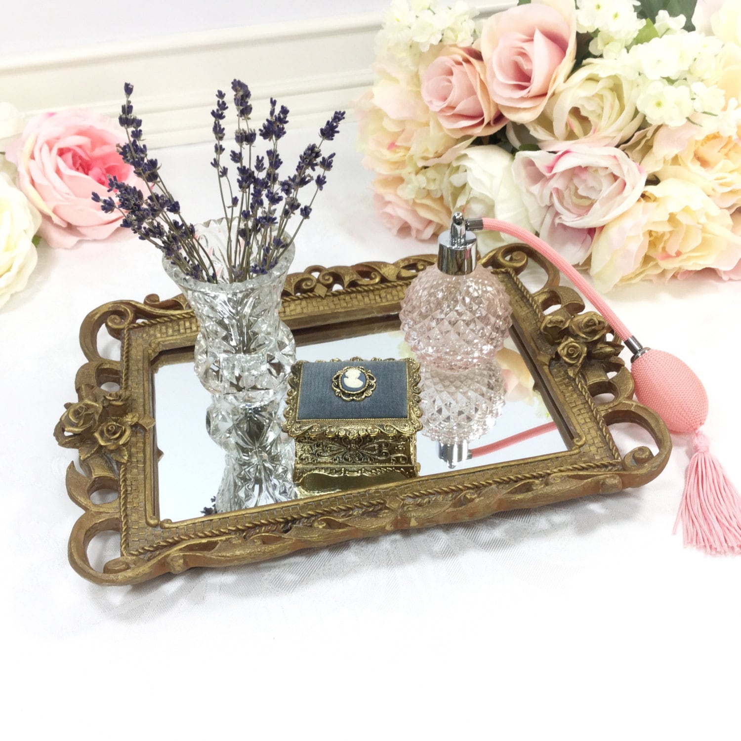 Ornate Gold Display Tray, Gold Vanity Dresser Tray, Boudoir, Mirror ...