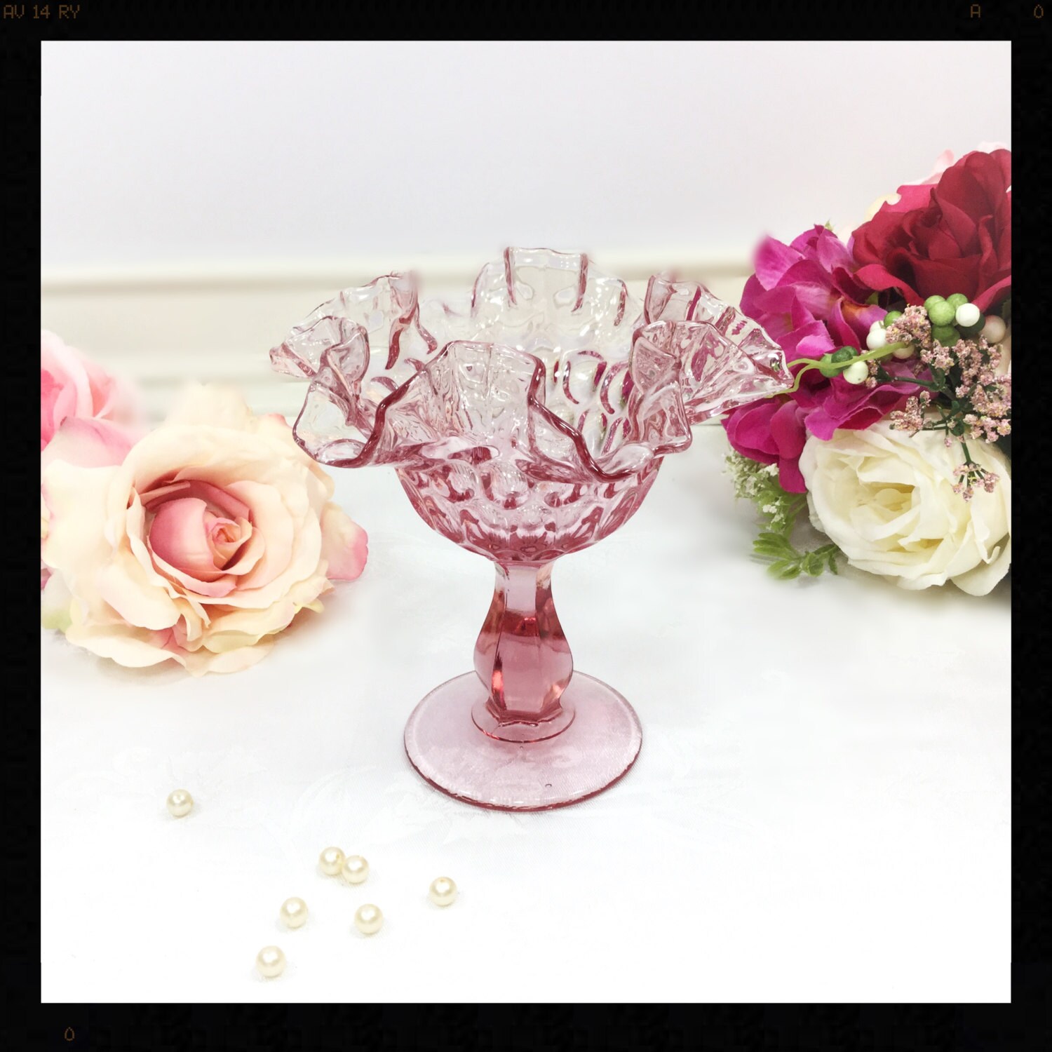 Fenton Pink Thumbprint Footed Compote, Pink Fenton Ruffled Compote ...