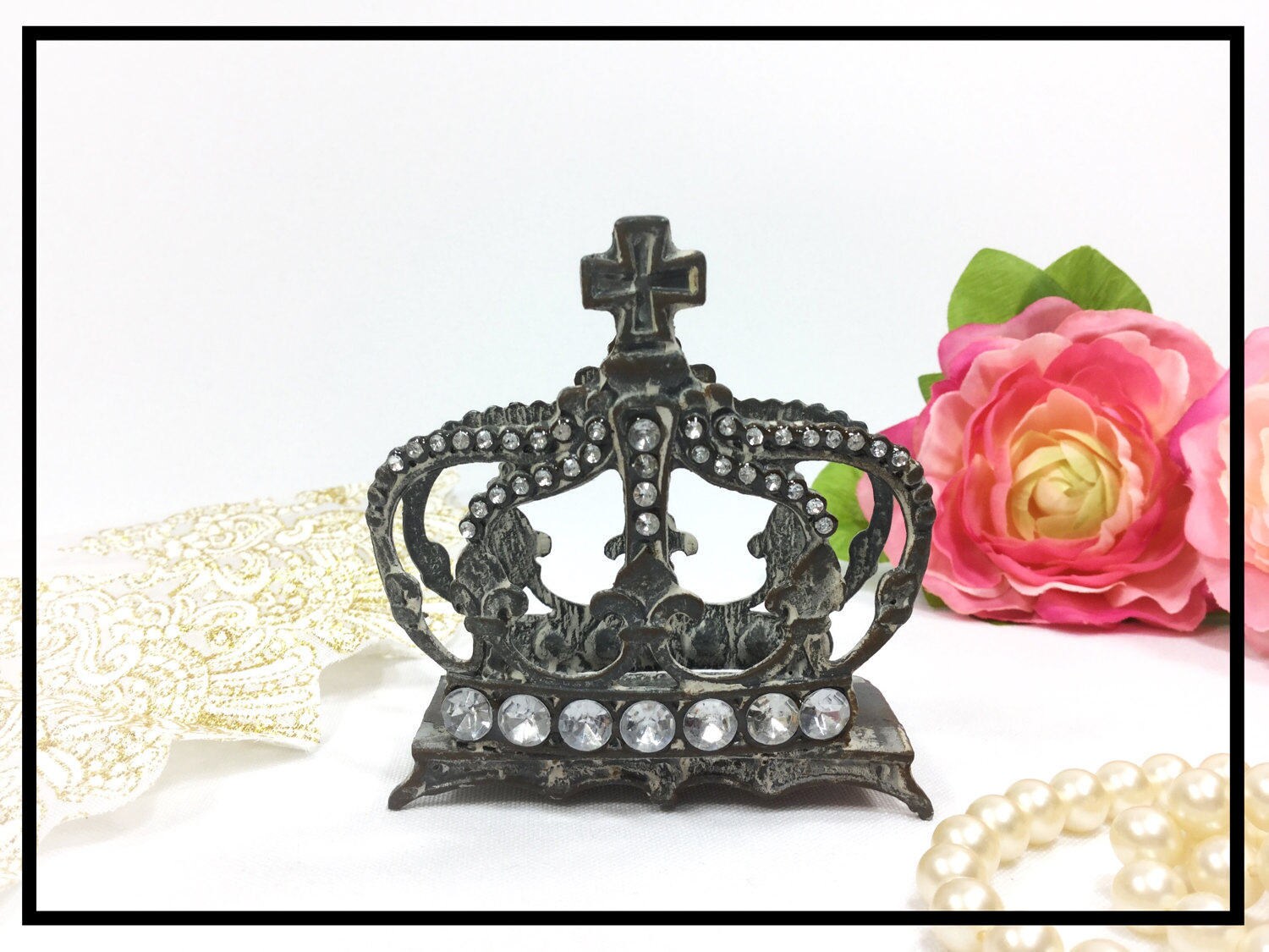 Antique Gray Rhinestone Crown Card Holder, Business Card Holder, Office ...