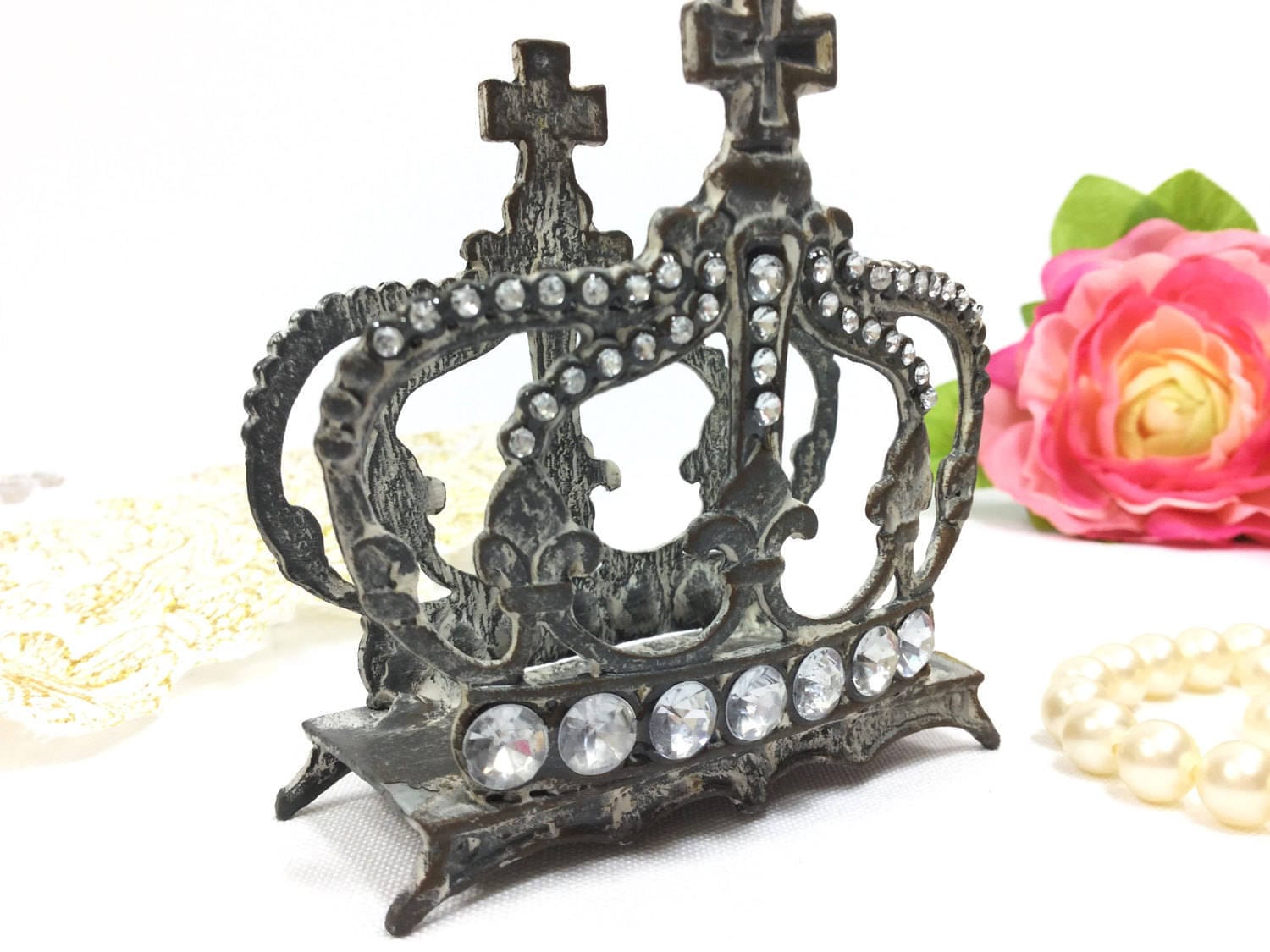 Antique Gray Rhinestone Crown Card Holder, Business Card Holder, Office ...
