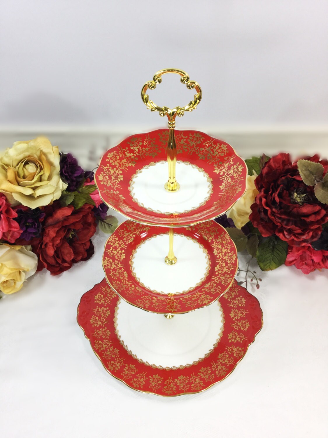 Red Royal Standard 3 Tier, Gold Chintz English Tea Serving Tray, China ...
